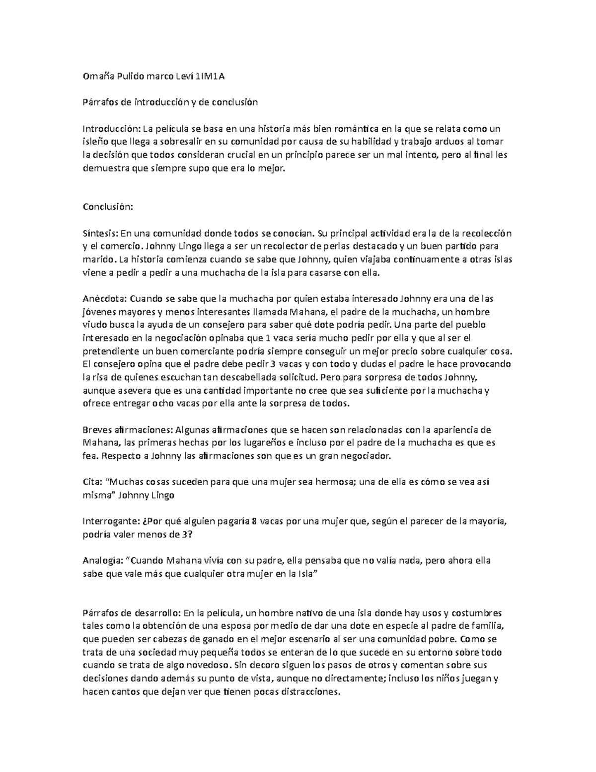 Johnny Lingo resumen - Omaña Pulido marco Leví 1IM1A Párrafos de ...