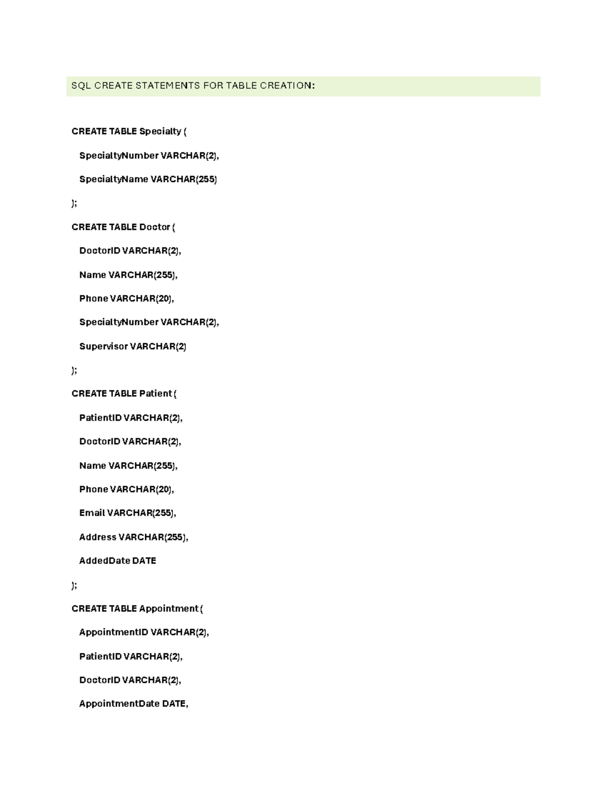 Assignment 7 - Database Fundamentals - SQL CREATE STATEMENTS FOR TABLE ...