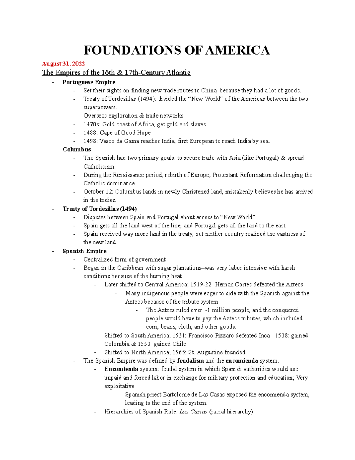 Foundations OF America Notes - FOUNDATIONS OF AMERICA August 31, 2022 ...