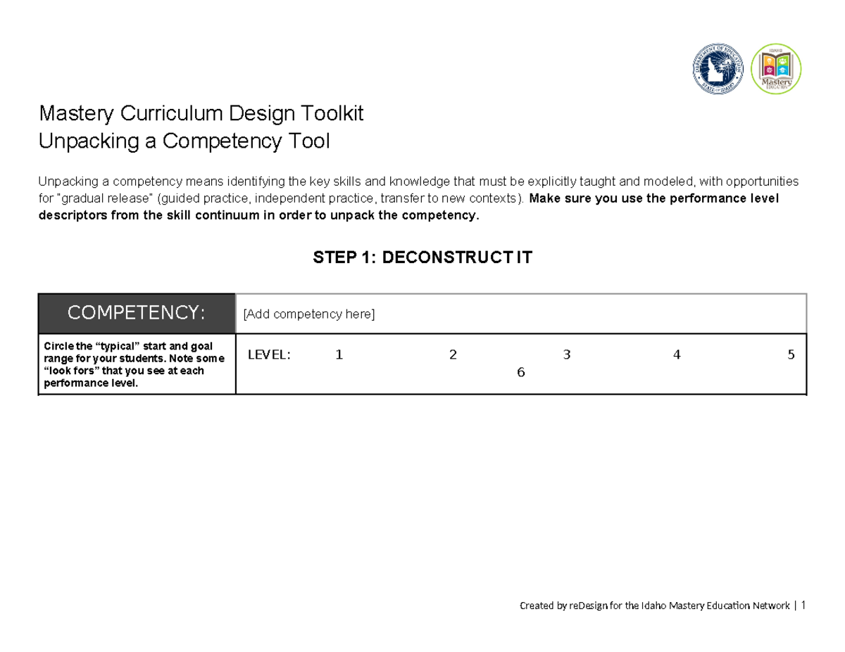 IMEN Mastery Curriculum Design Toolkit Unpacking a Competency - Mastery ...
