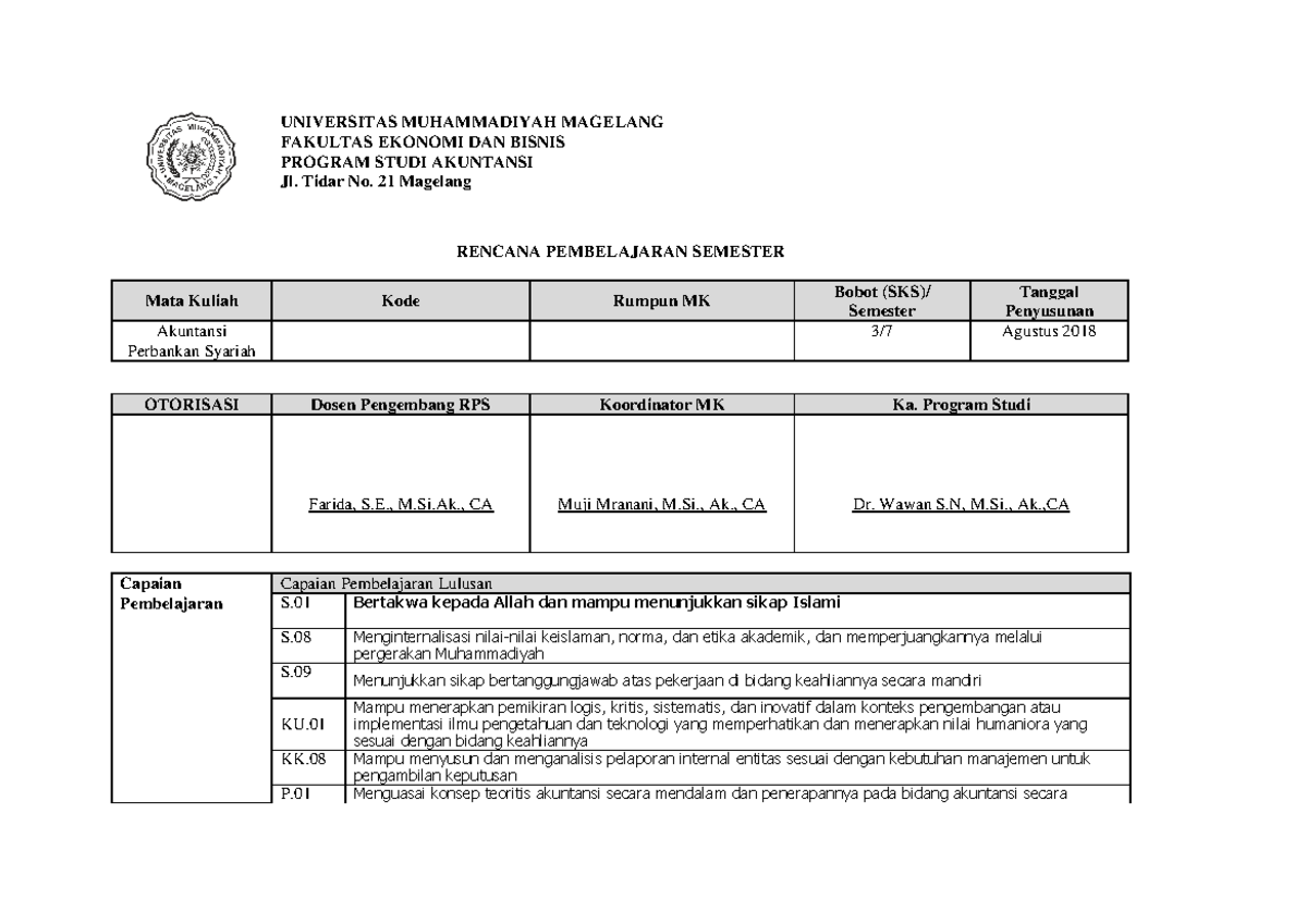 RPS Perbankan Syariah 2023 - UNIVERSITAS MUHAMMADIYAH MAGELANG FAKULTAS EKONOMI DAN BISNIS ...