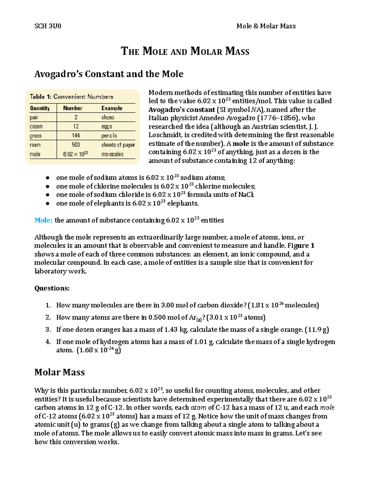02 - The Mole and Molar Mass - SCH 3U0 Mole & Molar Mass THE MOLE AND ...