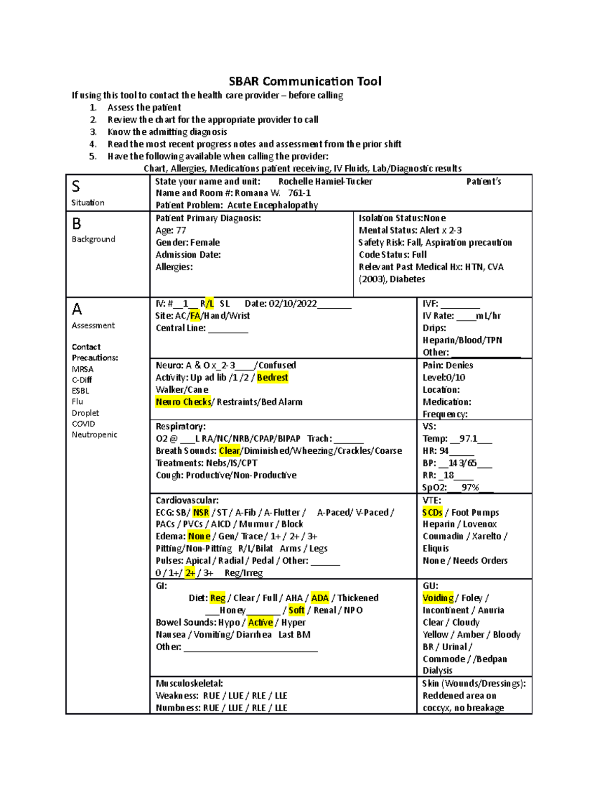 SBAR week 5 - SBAR Communication Tool If using this tool to contact the ...
