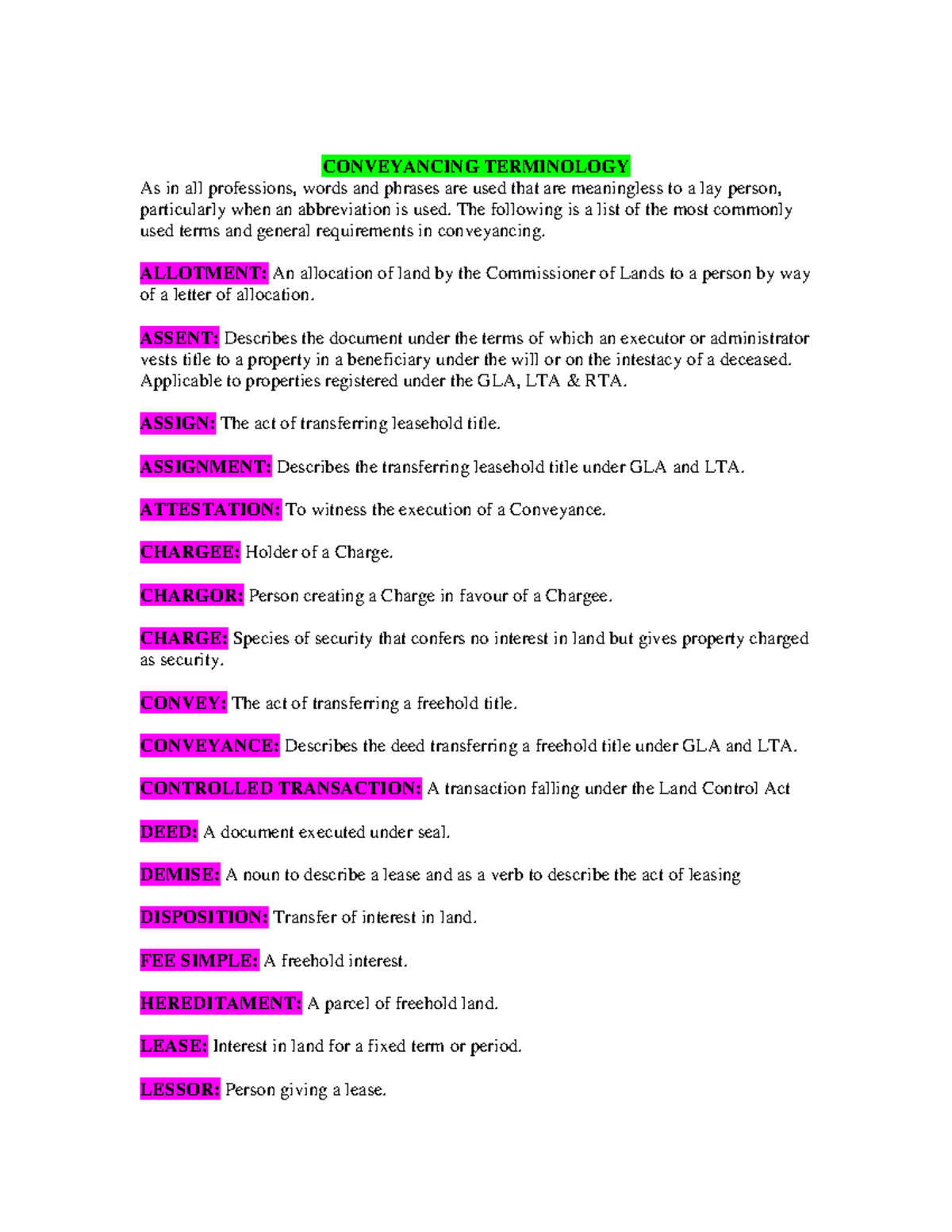 Onguto Notes - N/A - CONVEYANCING TERMINOLOGY As in all professions ...