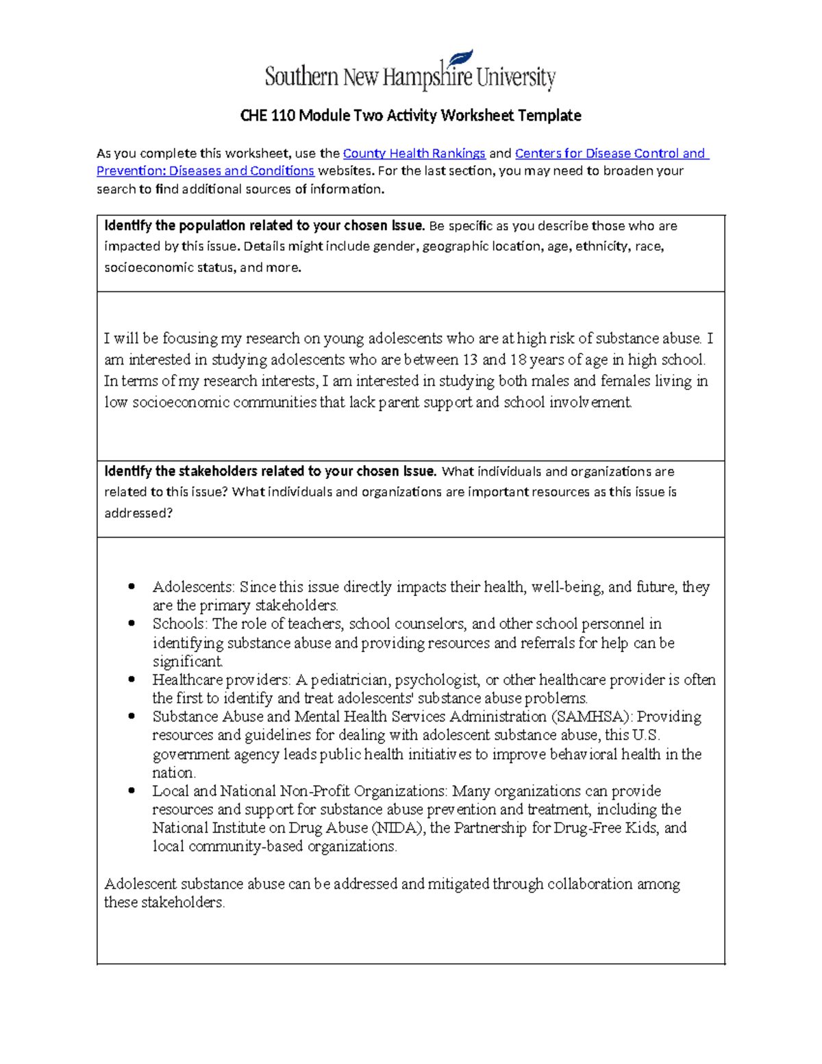 CHE 110 2-2 Activity Mini Needs Assessment - CHE 110 Module Two ...