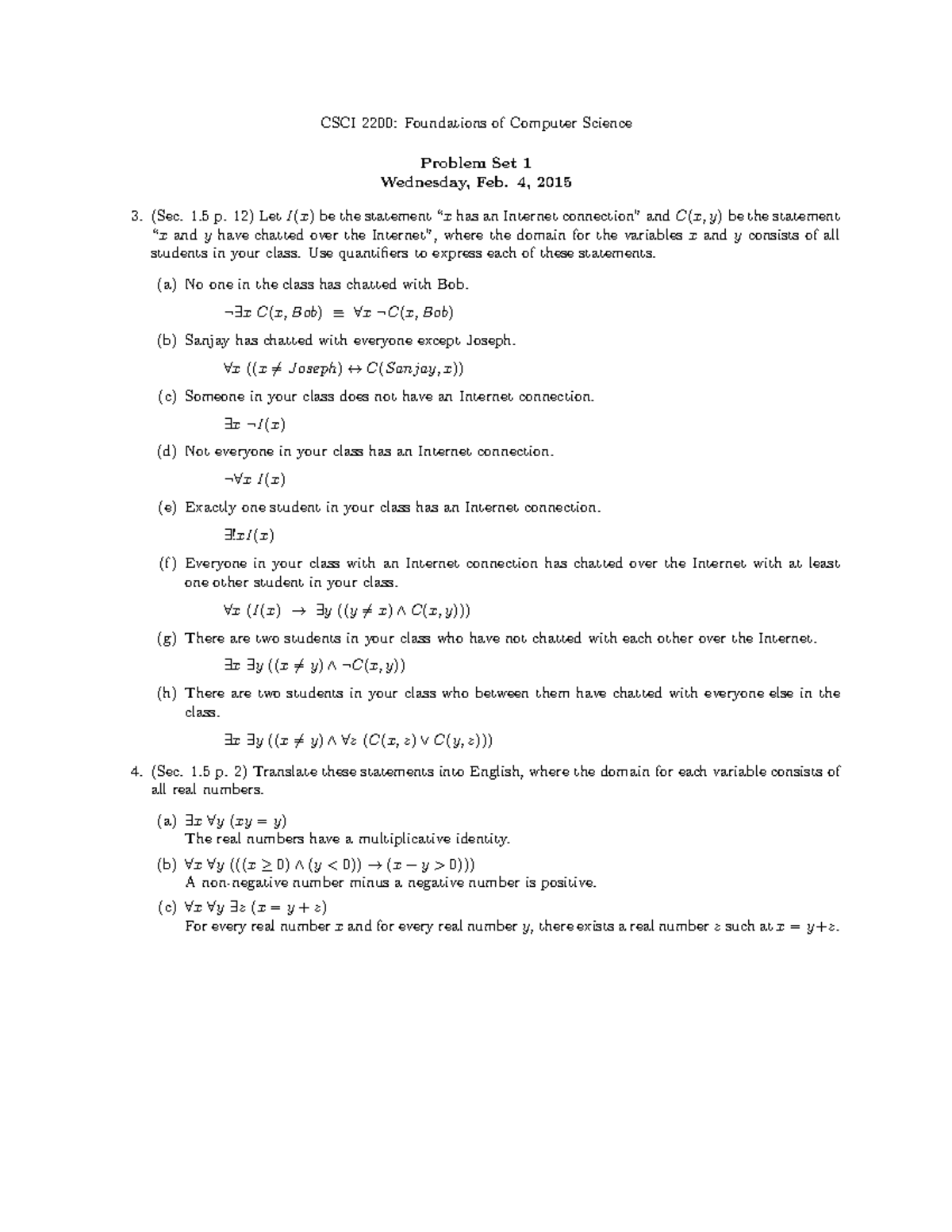 Problem Set 1 Sol - CSCI 2200: Foundations of Computer Science Problem Set 1 Wednesday, Feb. 4 ...