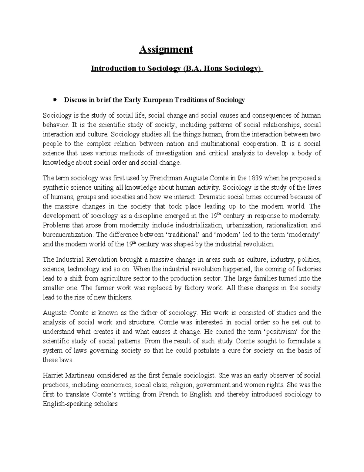 Assignment intro to sociology - Assignment Introduction to Sociology (B ...