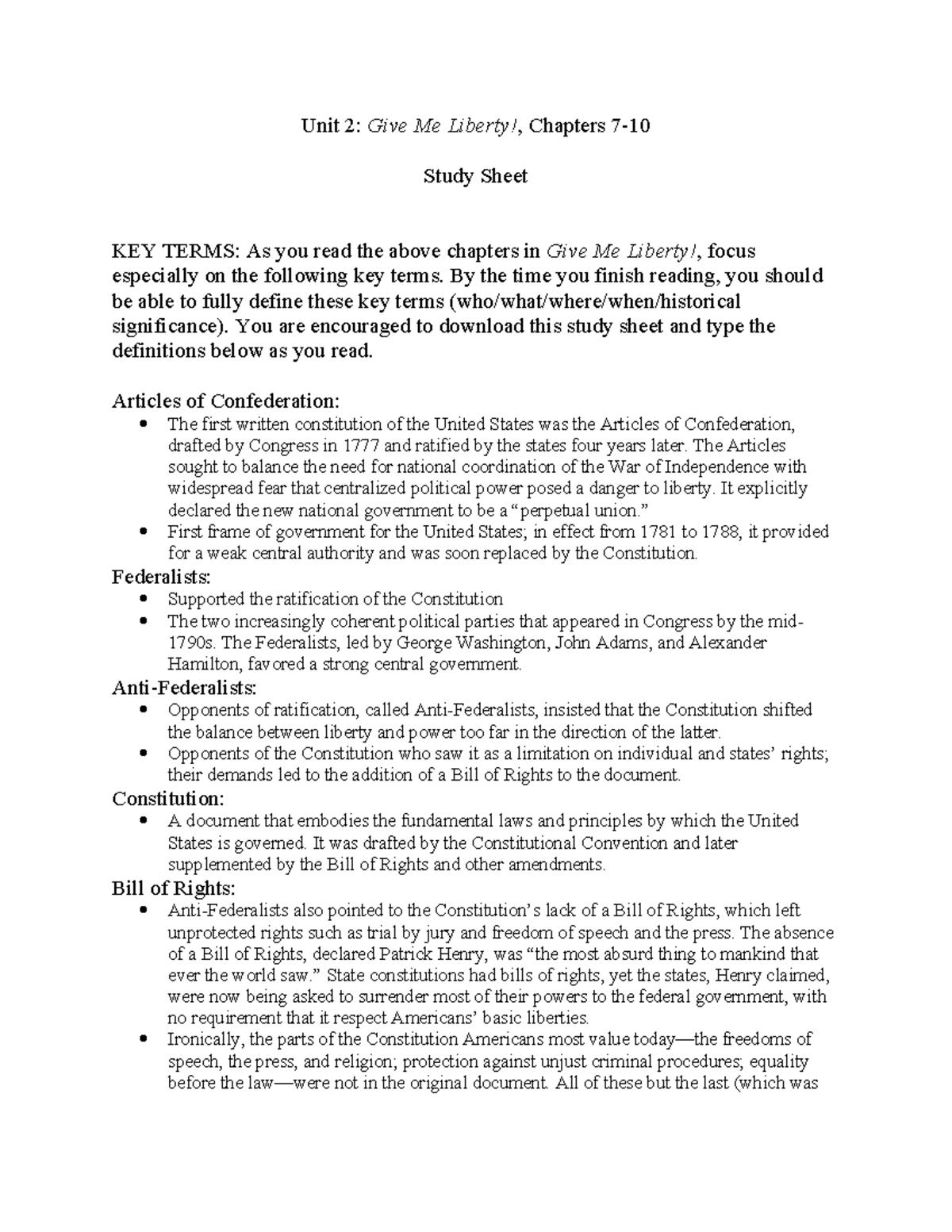 Unit 2 Study Sheet - Unit 2: Give Me Liberty!, Chapters 7- Study Sheet ...