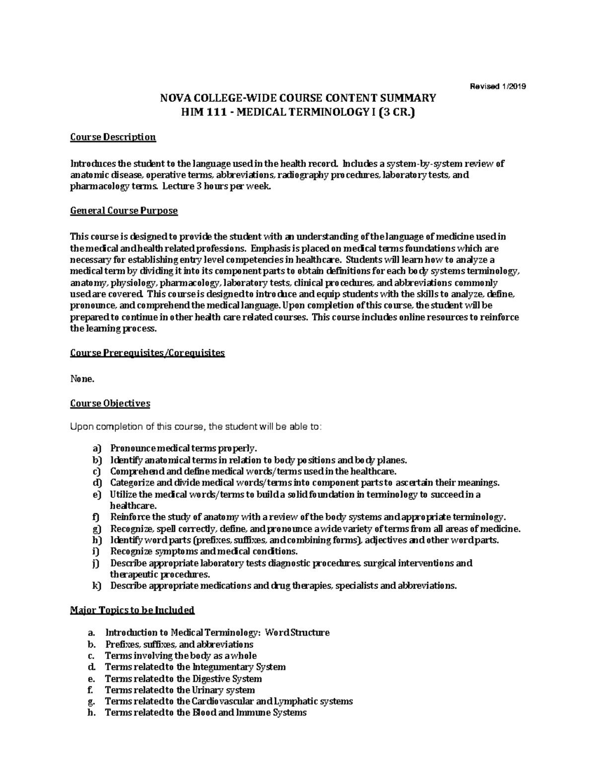 HIM111 - ignore - Revised 1 /2 019 NOVA COLLEGE-WIDE COURSE CONTENT ...