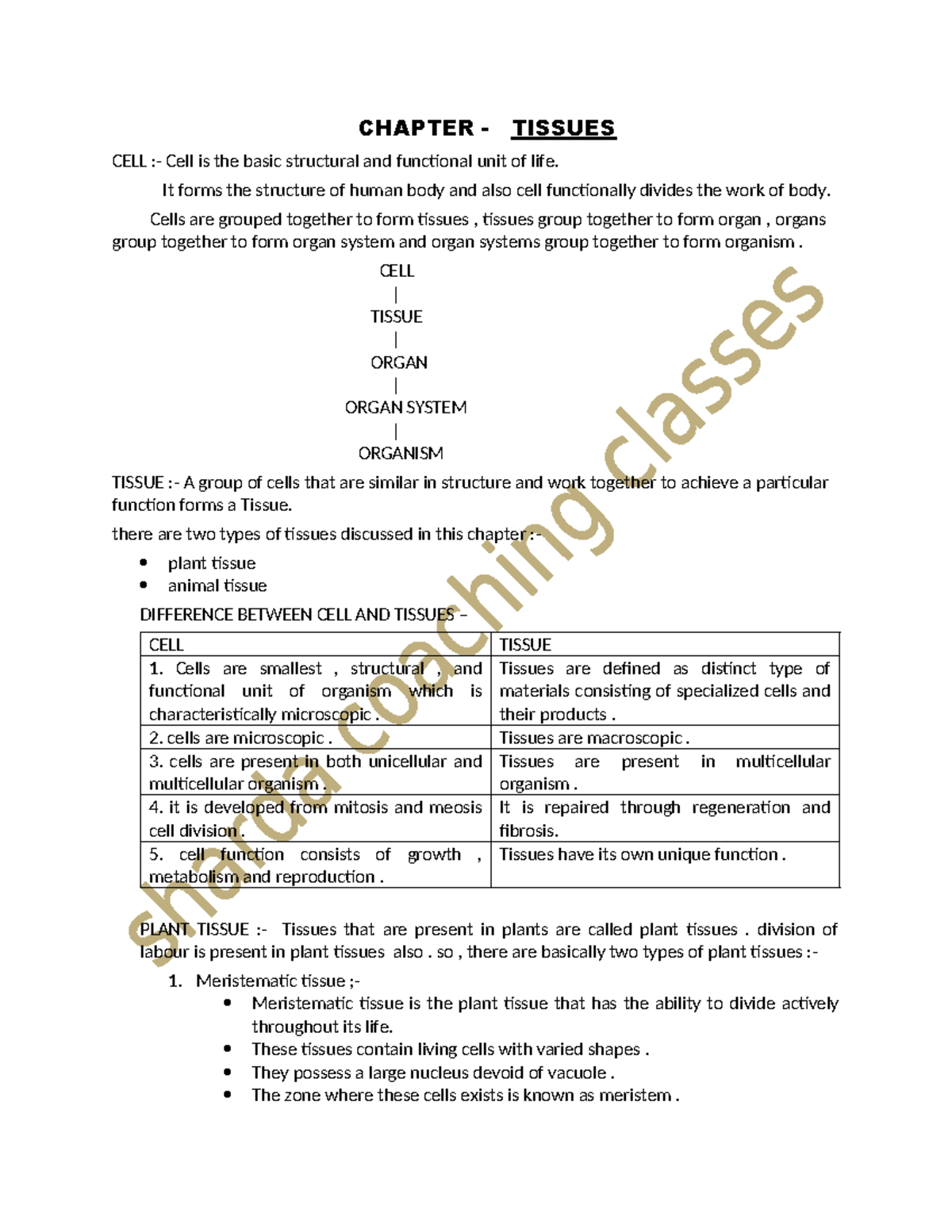 Tissues - CHAPTER - TISSUES CELL :- Cell is the basic structural and ...