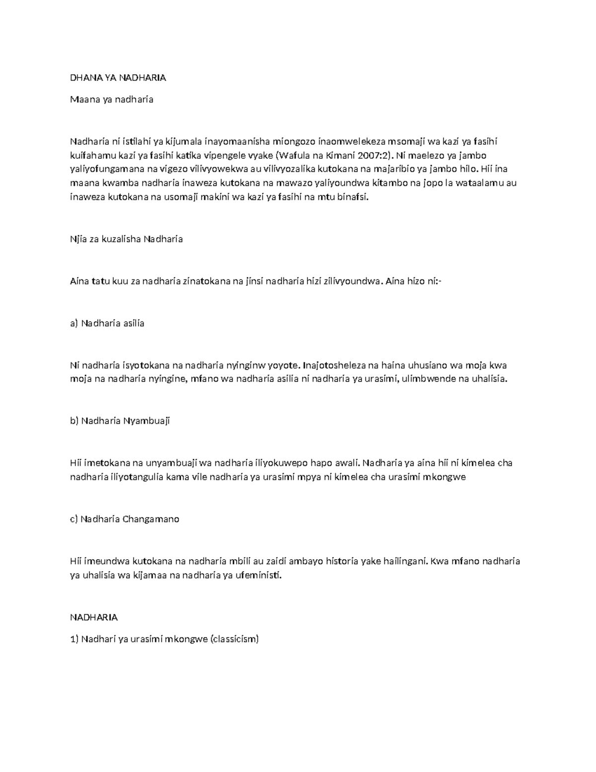 Dhana YA Nadharia - revision notes - DHANA YA NADHARIA Maana ya ...