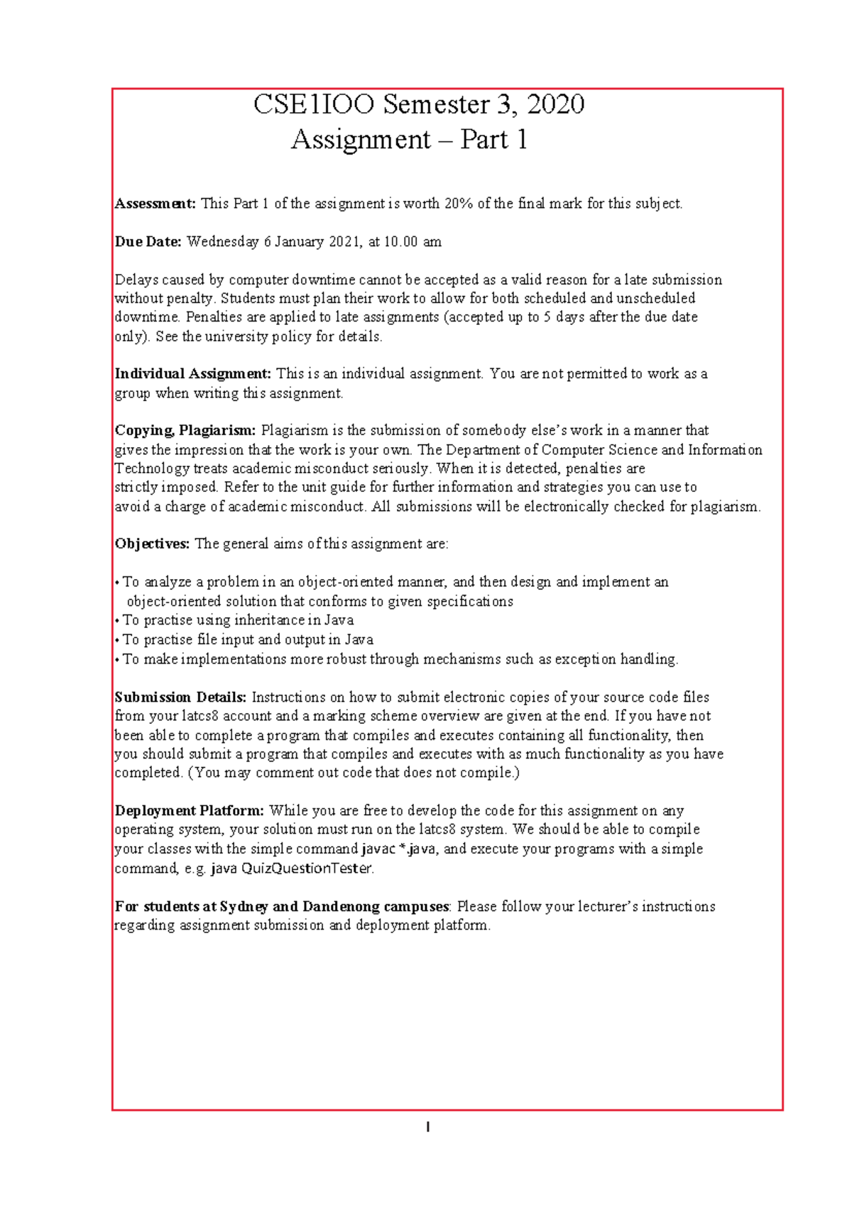 20 S3 Assignment Part1 Handout - CSE1/CSE4IOO Semester 1, 2019 Assignment – Part 1 Assessment ...