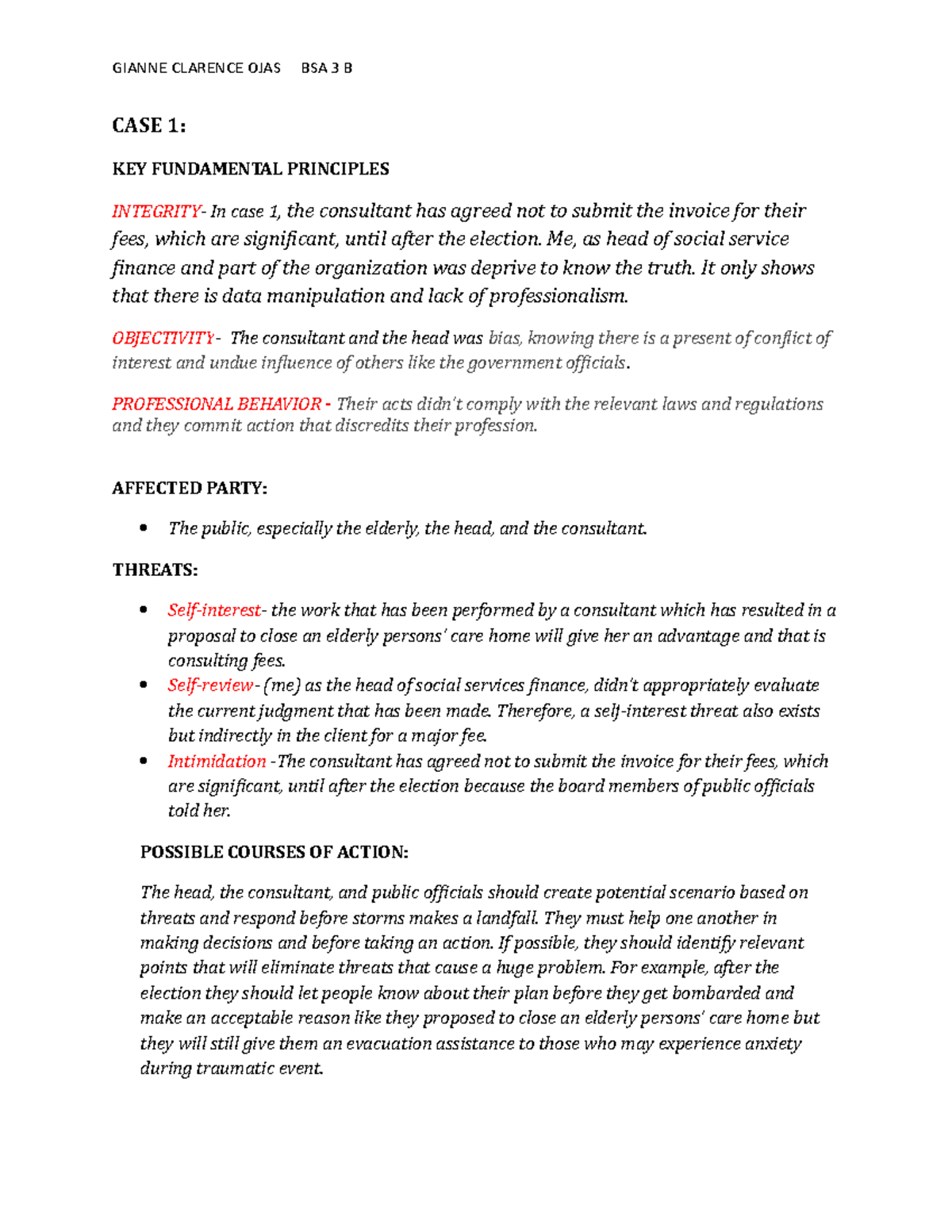 oo BSA 3-B CASE Study - GIANNE CLARENCE OJAS BSA 3 B CASE 1: KEY FUNDAMENTAL PRINCIPLES ...