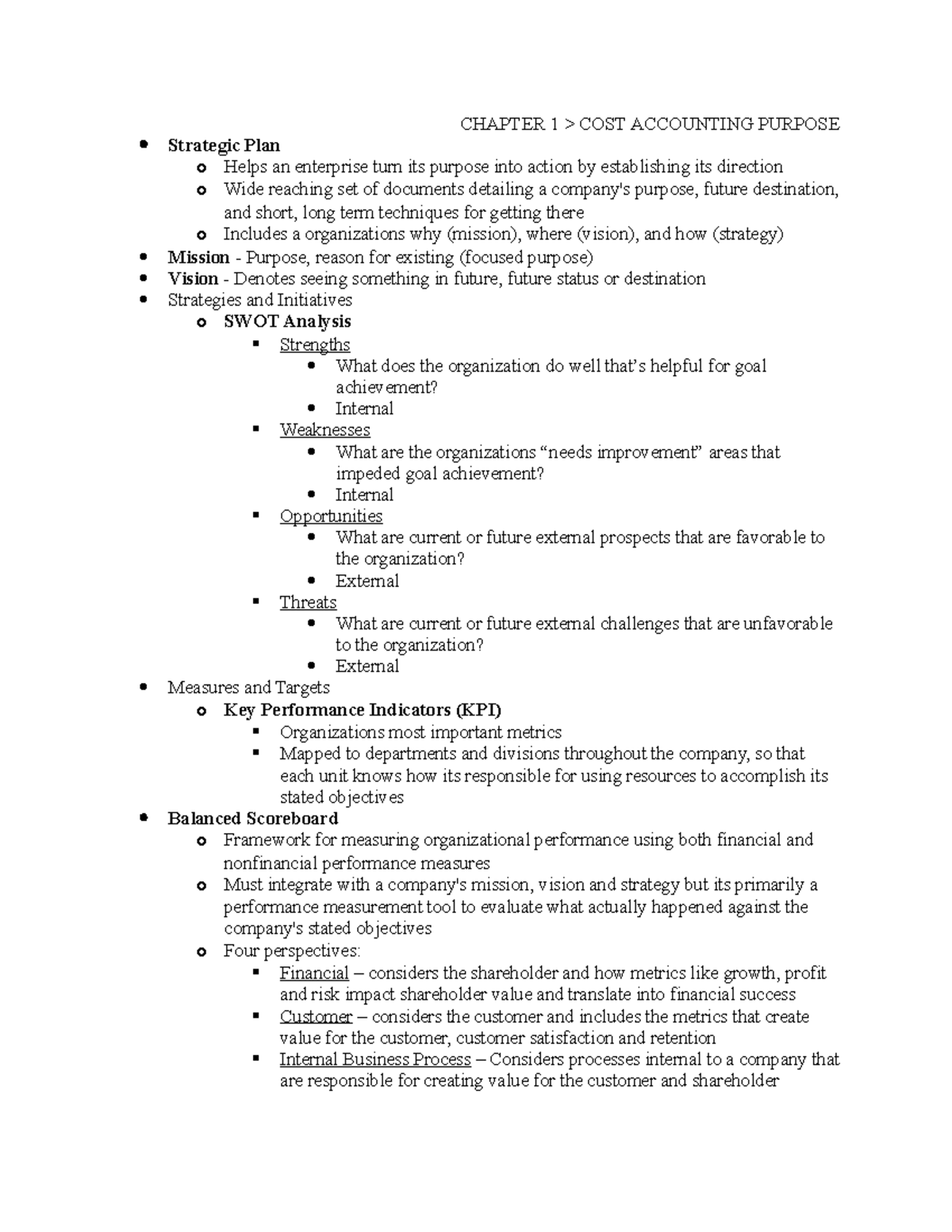 Acct 305 Ch 1 Chapter 1 Lecture Notes Managerial Cost Accounting 305