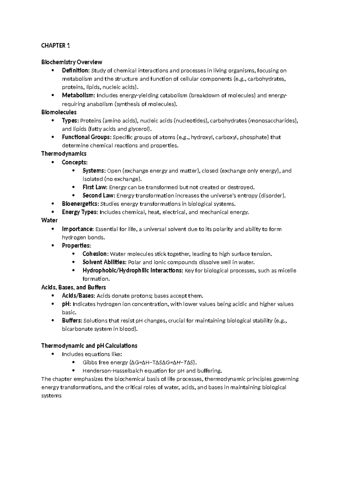 Chapter 1-4 summary bio462 - CHAPTER 1 Biochemistry Overview Definition ...