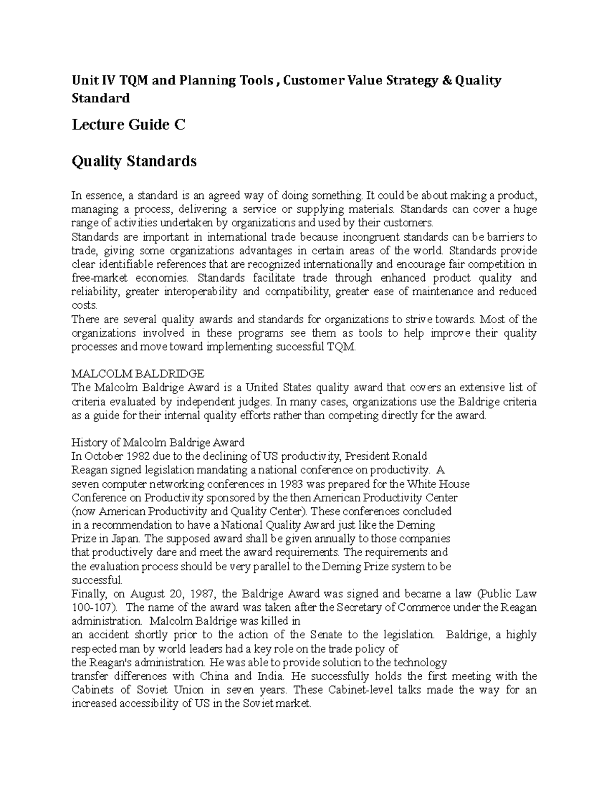 Lecture Guide C Unit 4 TQM and Planning Tools Customer Value Strategy Quality standard - Unit IV ...