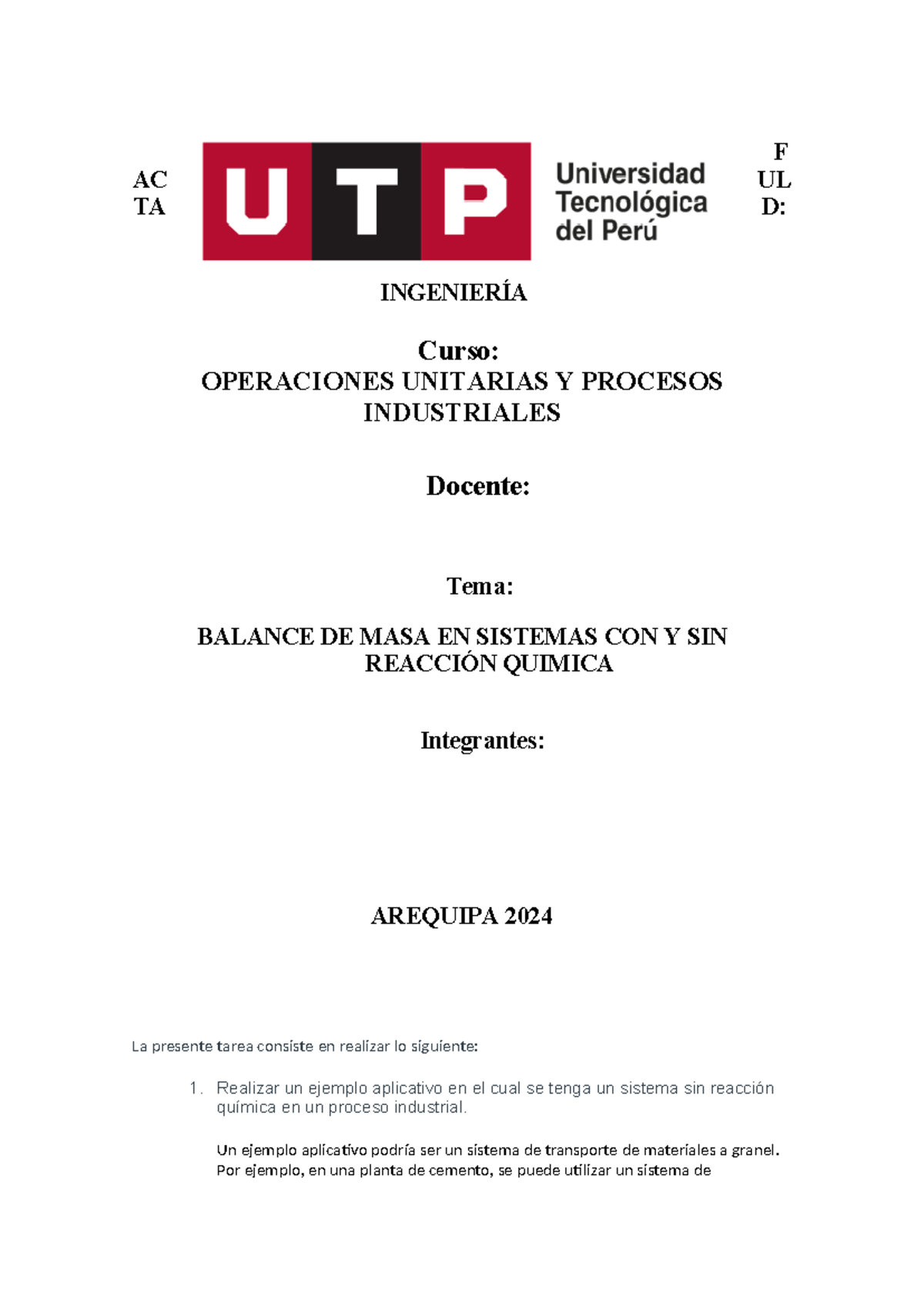 Tarea DE Operaciones UNIT - F AC UL TA D: INGENIERÍA Curso: OPERACIONES UNITARIAS Y PROCESOS ...