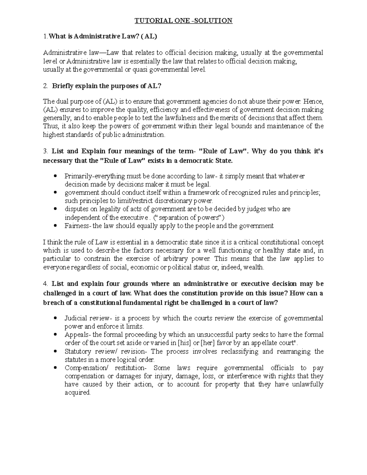 Admin-Law Tutorial one - TUTORIAL ONE -SOLUTION 1 is Administrative Law ...