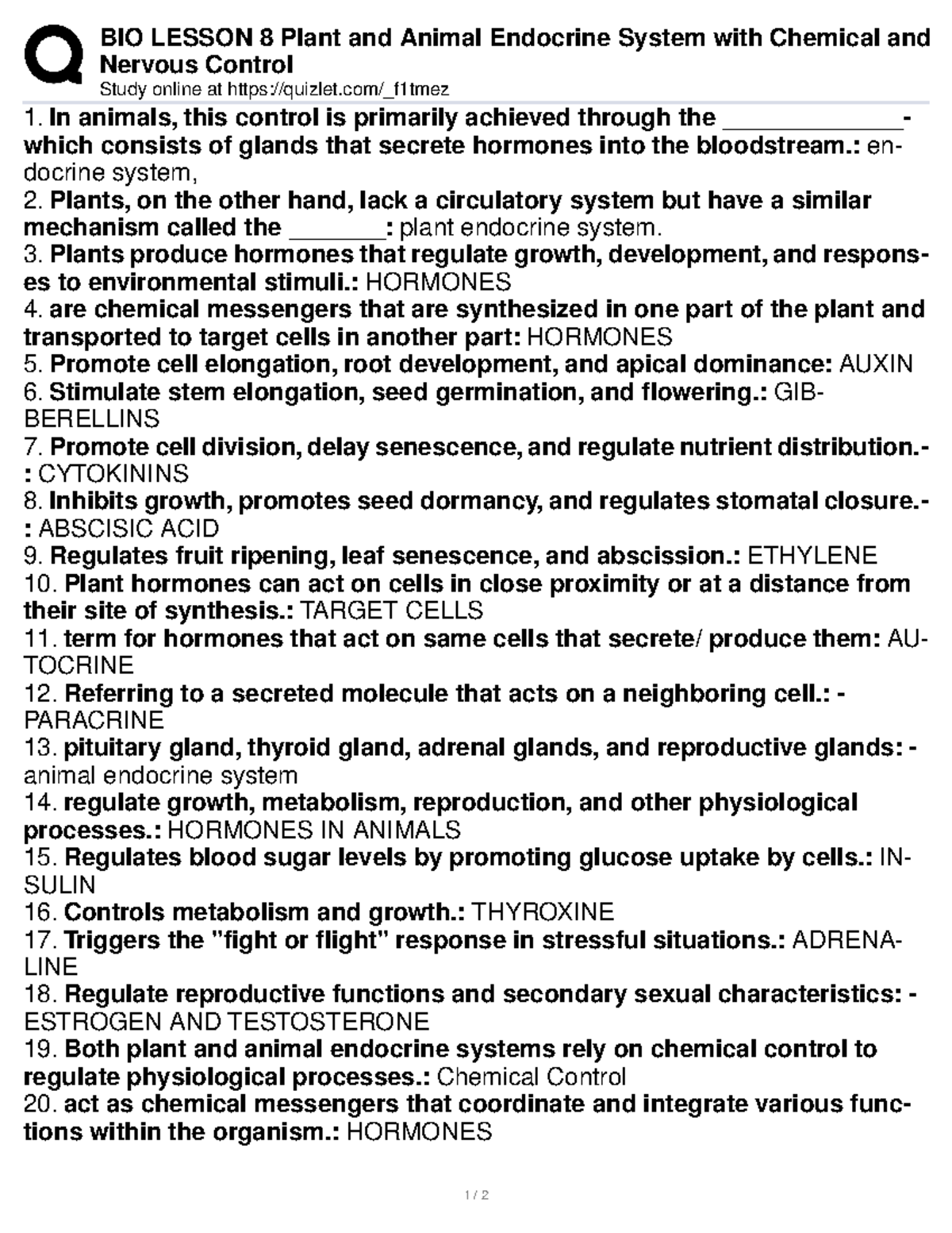 Nervous- Control - ..hjg - BIO LESSON 8 Plant and Animal Endocrine ...