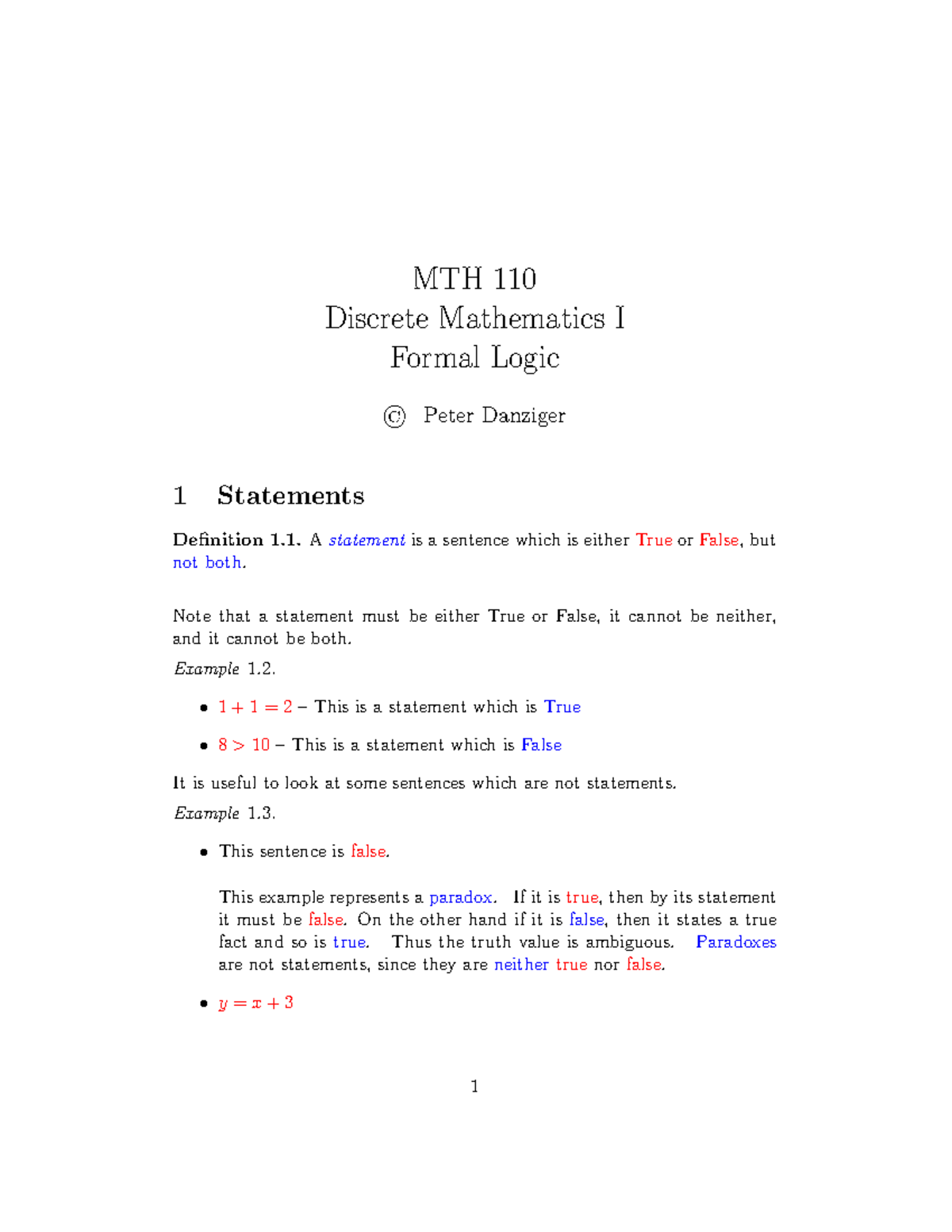 Logic - notes - MTH 110 Discrete Mathematics I Formal Logic © Peter ...