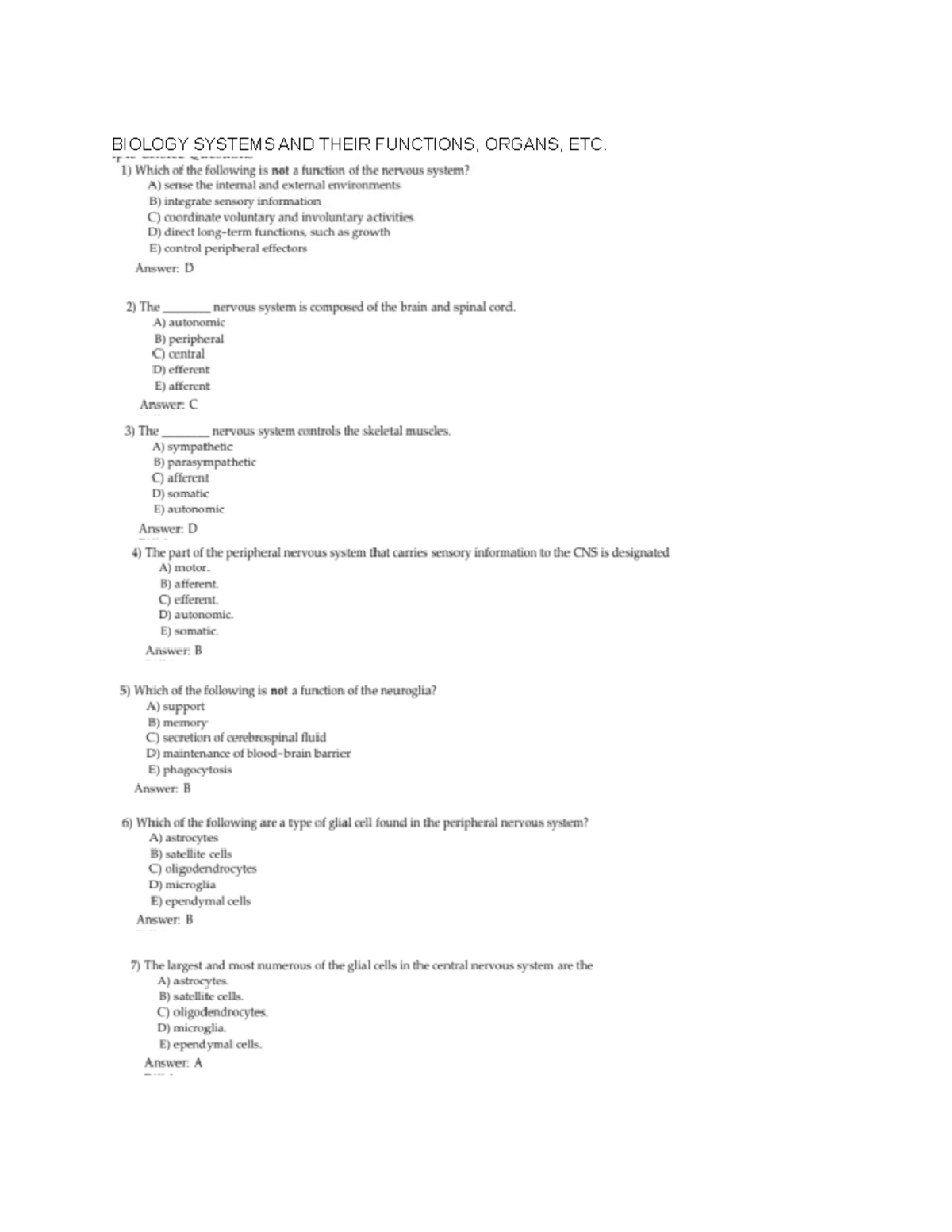 Biology Systems - Possible questions that could be asked for with any ...