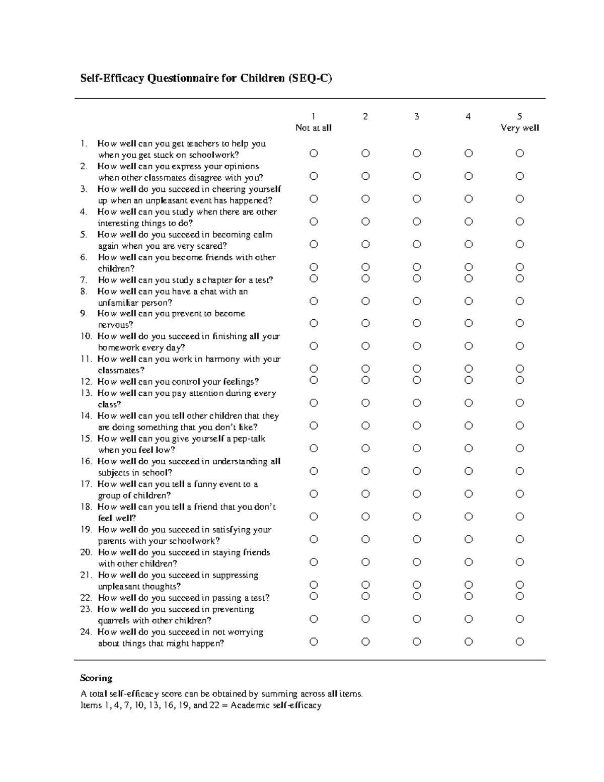 Self efficacy questionnaire for children - Self-Efficacy Questionnaire ...
