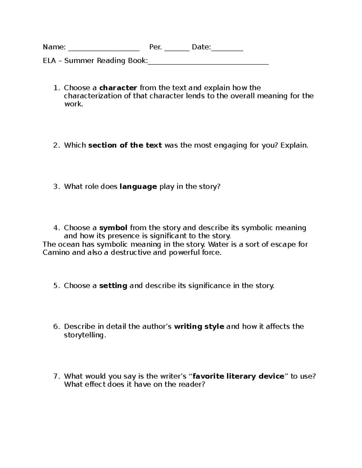 Summer Reading Worksheet - Name: ____________________ Per. _______ Date ...