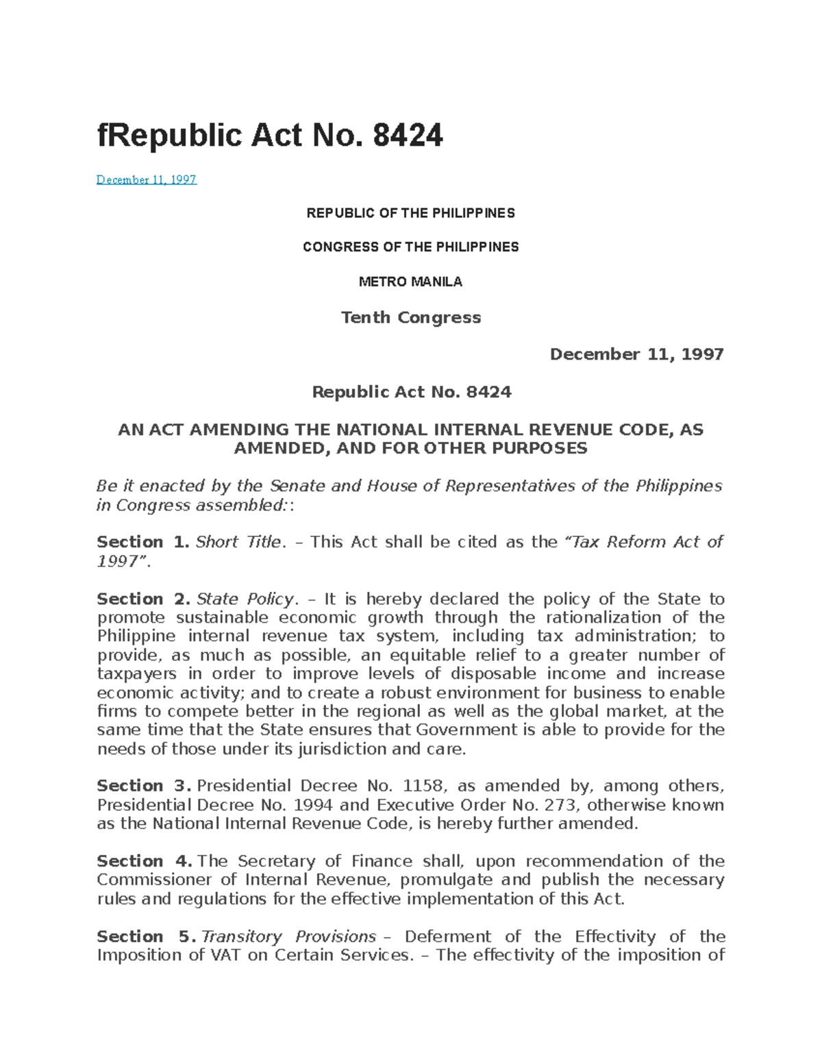 NIRC-RA 8424 tax code, without TRAIN law and CREATE amendments ...