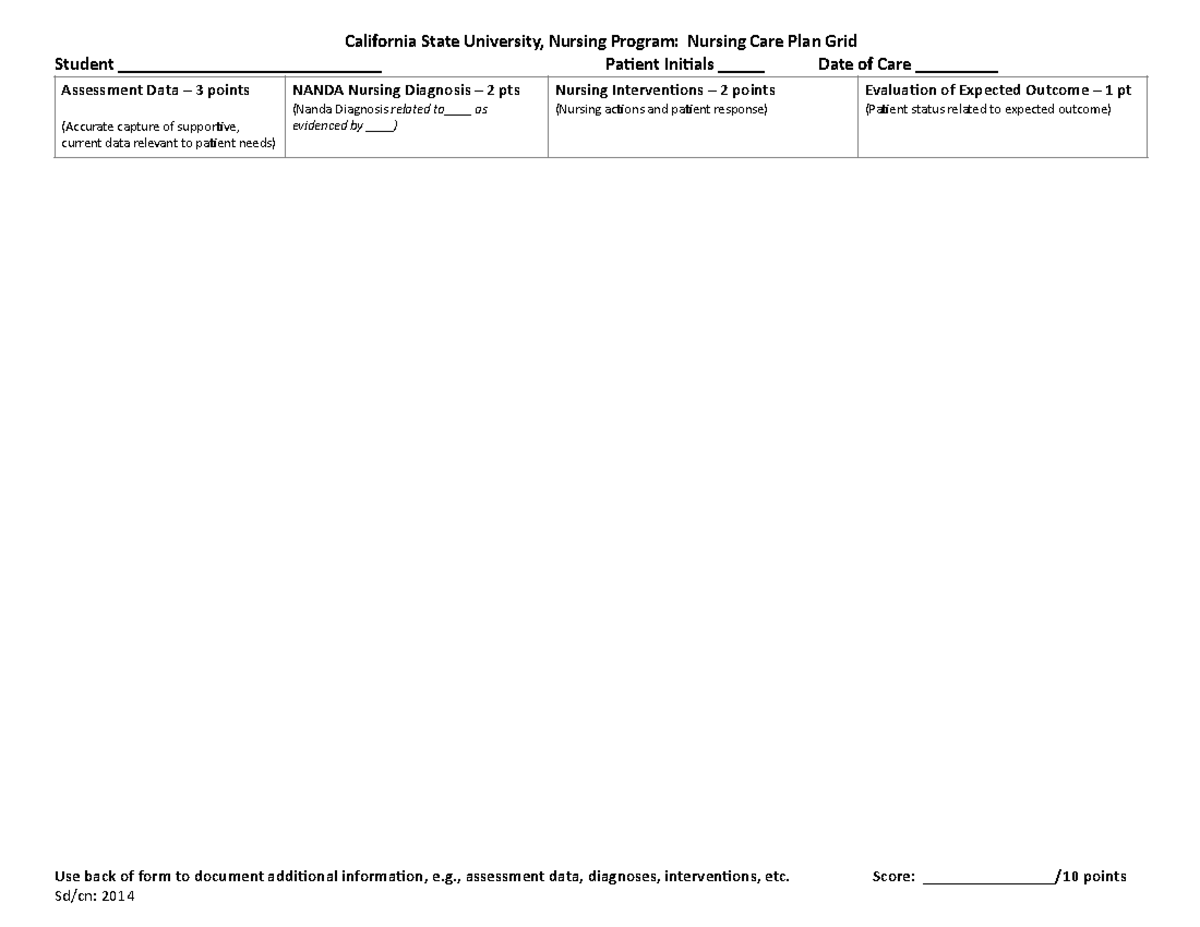 Nursing Care Plan Grid - California State University, Nursing Program ...