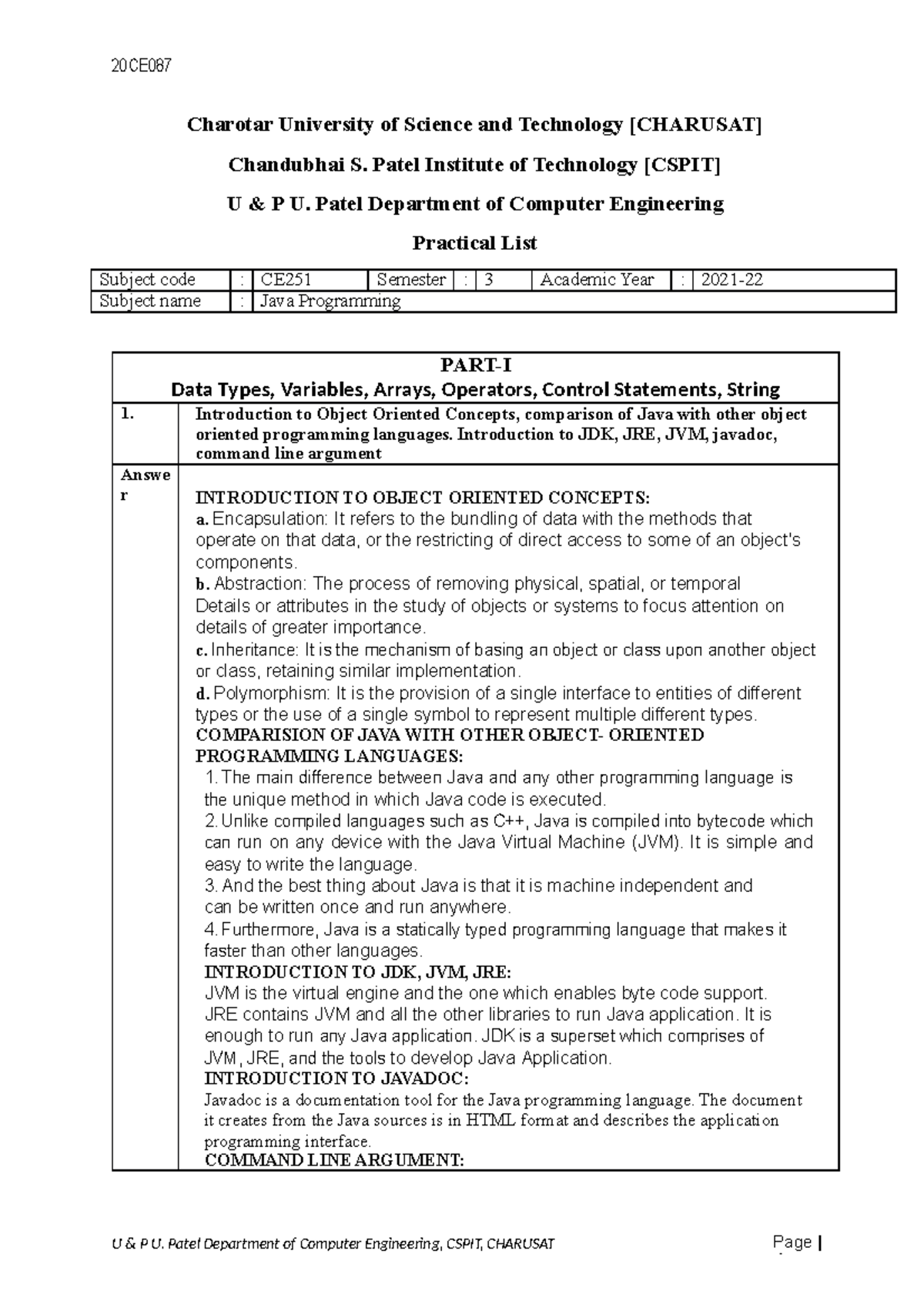 20ce087 Kautik patel java all practicals(T) - Charotar University of ...
