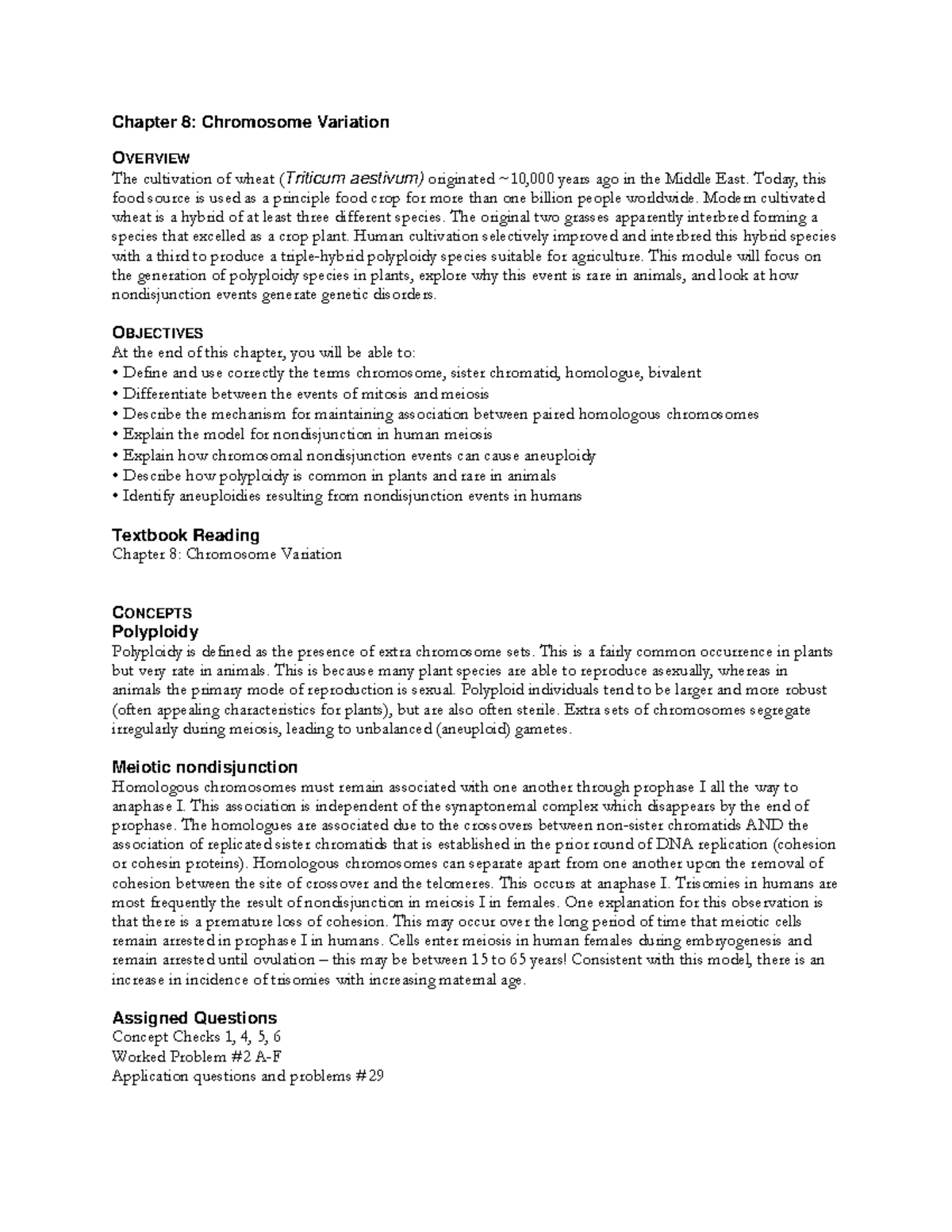 Chaper 8 Summary + textbook problems - Chapter 8: Chromosome Variation ...