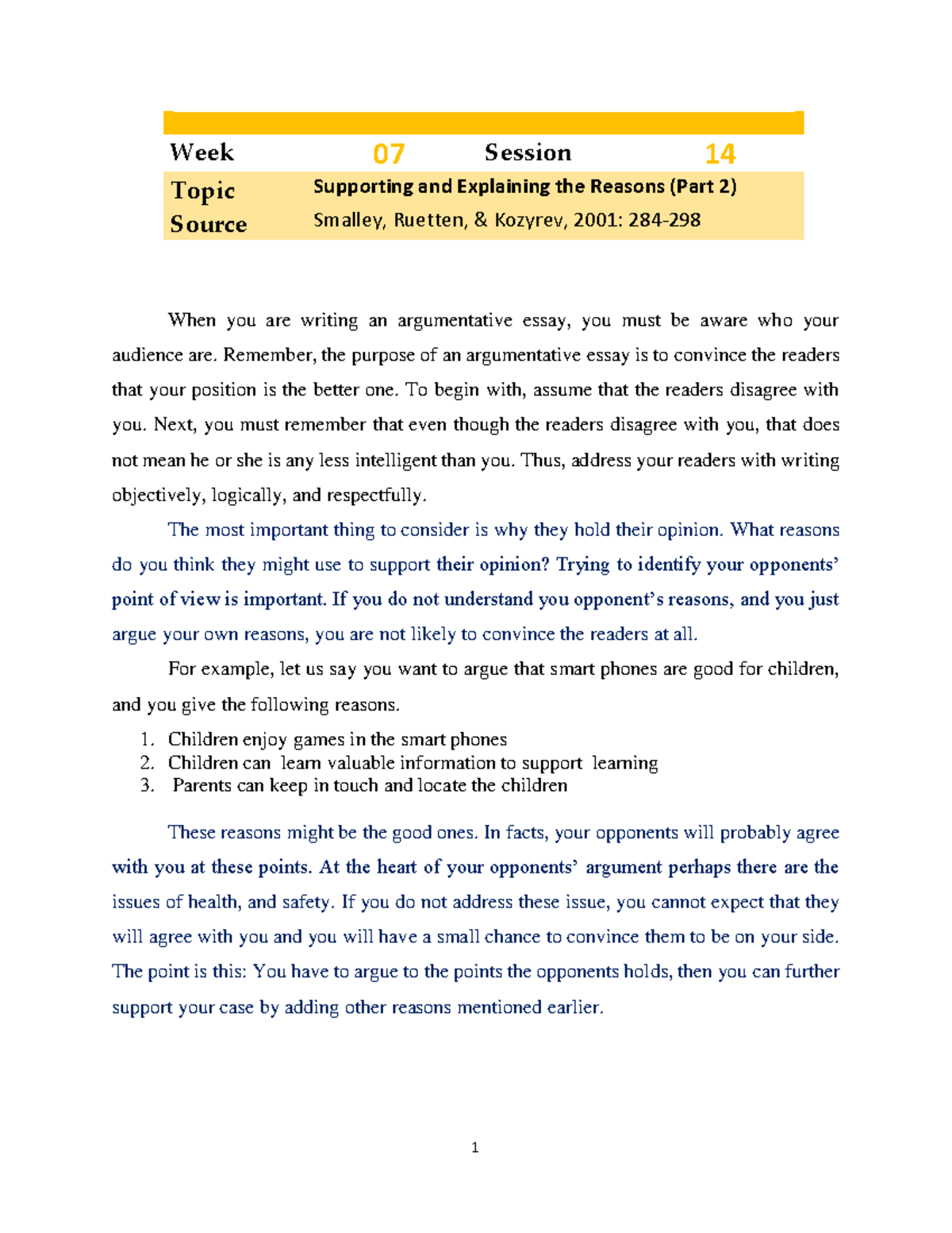 Week 07 Session 14 Supporting and Explaining Reasons - 1 Week 07 ...