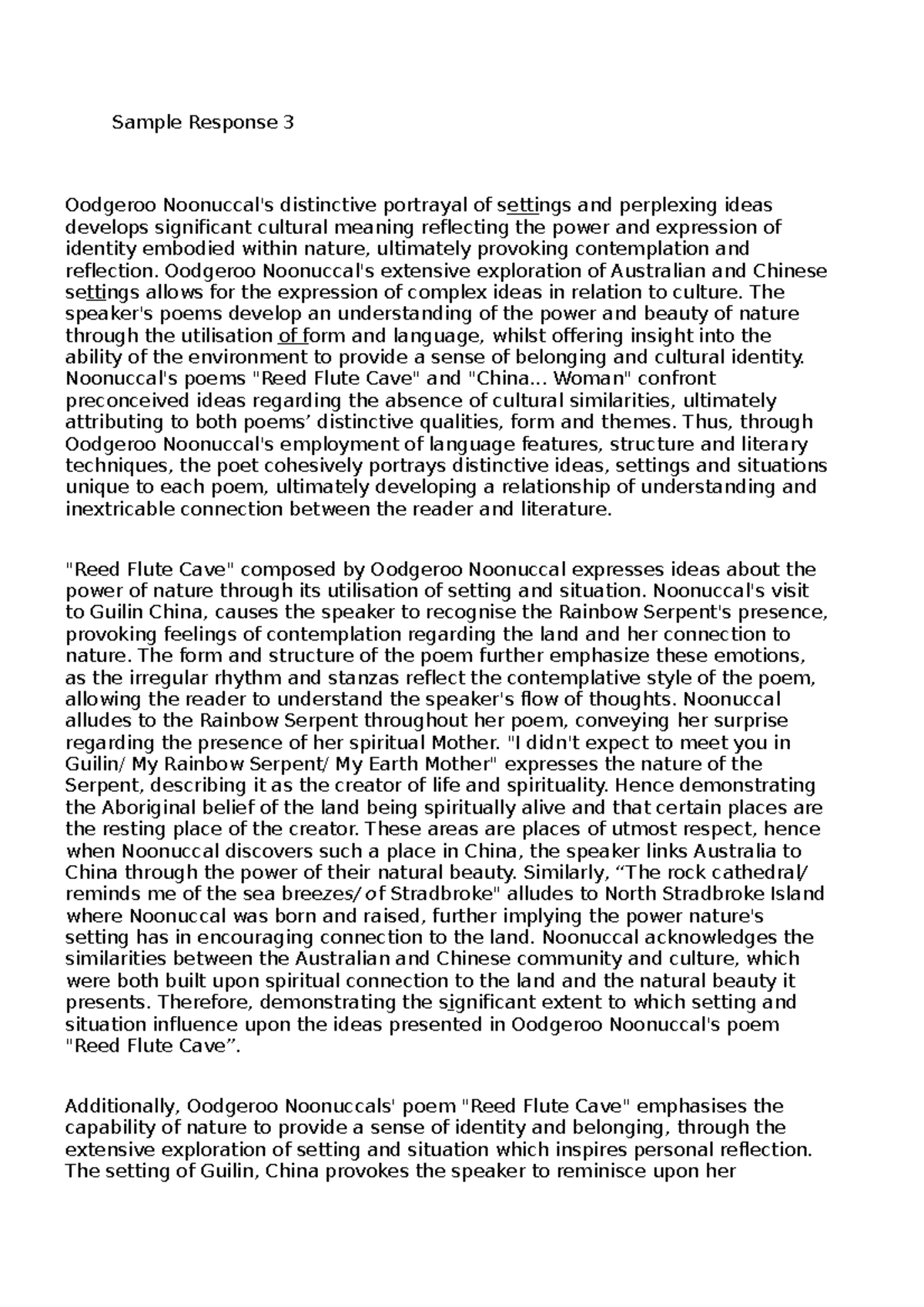 Sample Response 3 - Oodgeroo Noonuccal's extensive exploration of ...