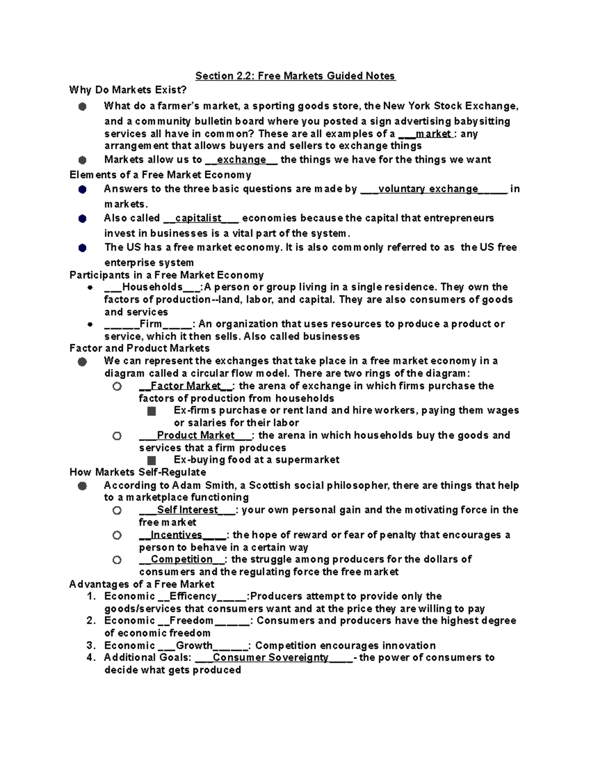Section 2.2 Free Market Guided Notes S - Section 2: Free Markets Guided ...