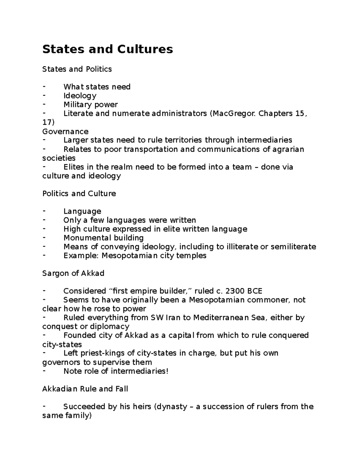 States and Cultures - Course notes were taken throughout the semester ...