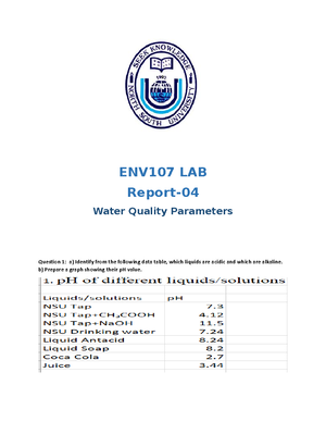Env, lab water - Important - ENVL107: Introduction to Environmental Science Lab Exercise-02 ...