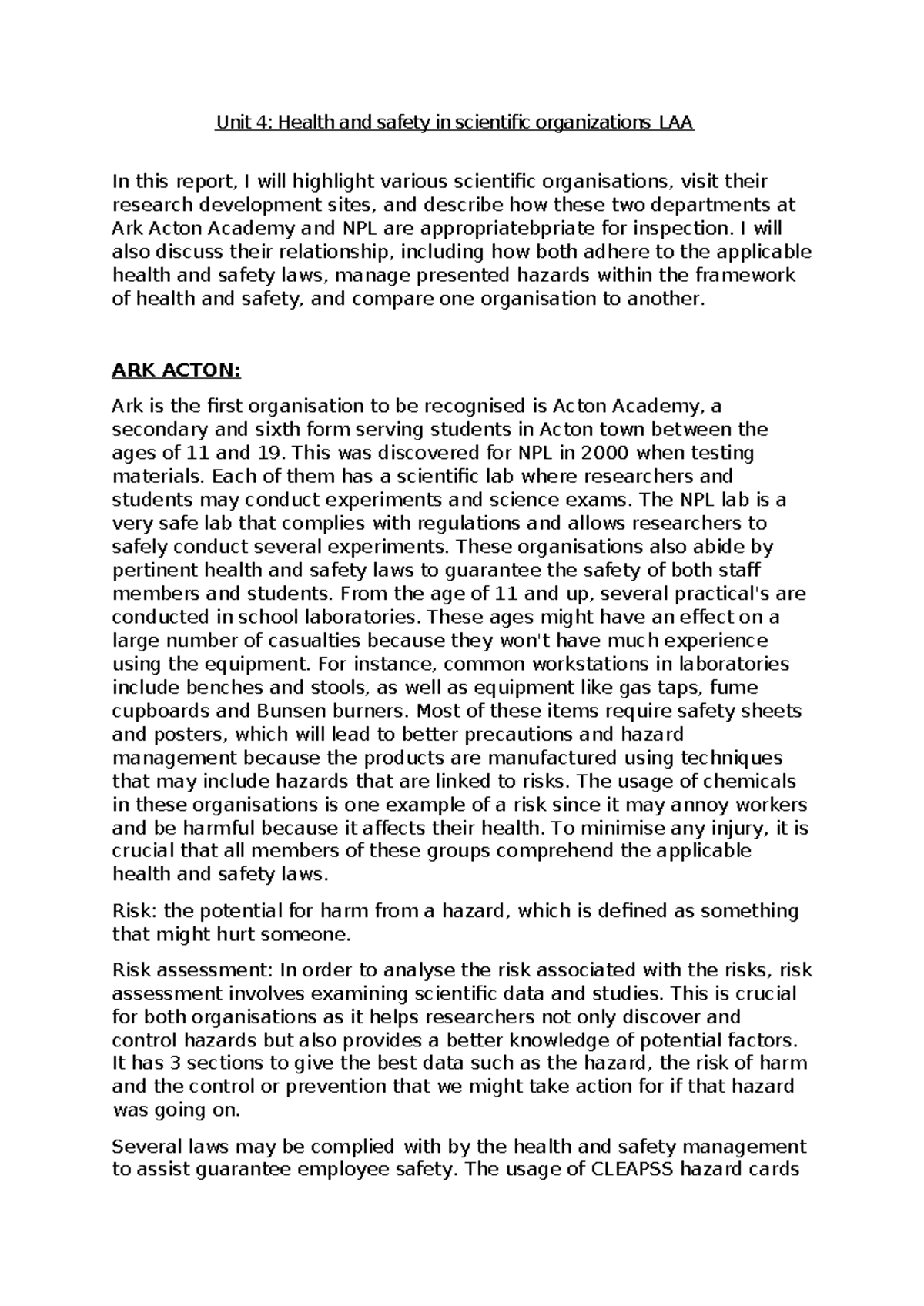 unit 4 LAA applied science - Unit 4: Health and safety in scientific ...