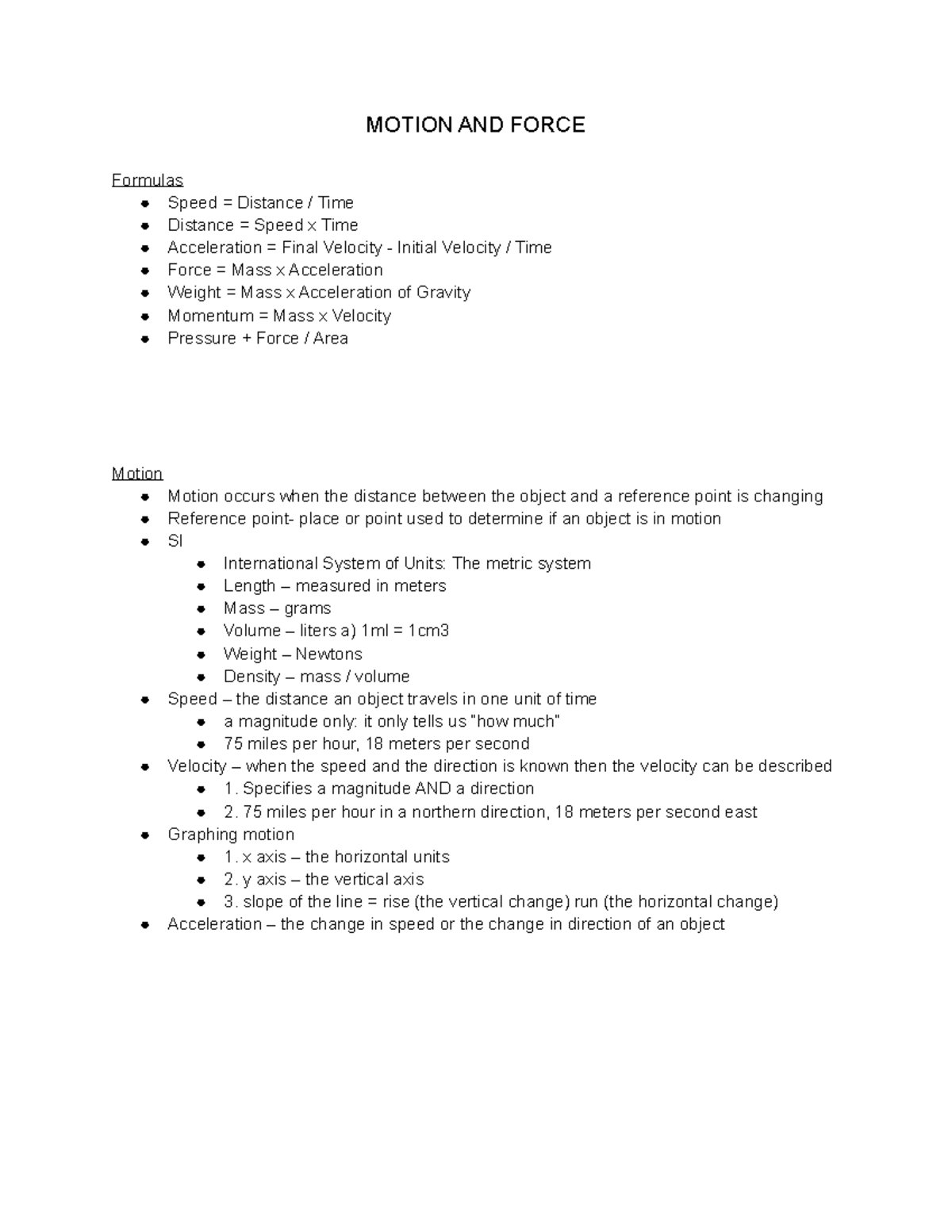 Physics Notes 3 Motion And Force MOTION AND FORCE Formulas Speed
