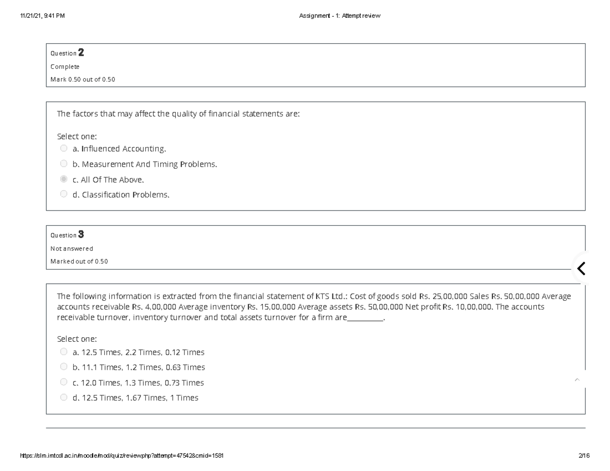 Assignment - 1 Accounting - Question 2 Complete Mark 0 out of 0 ...