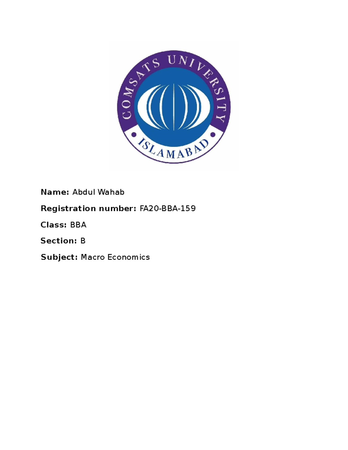 Macro Final - asdasdas as dsa - Name: Abdul Wahab Registration number: FA20-BBA- Class: BBA ...