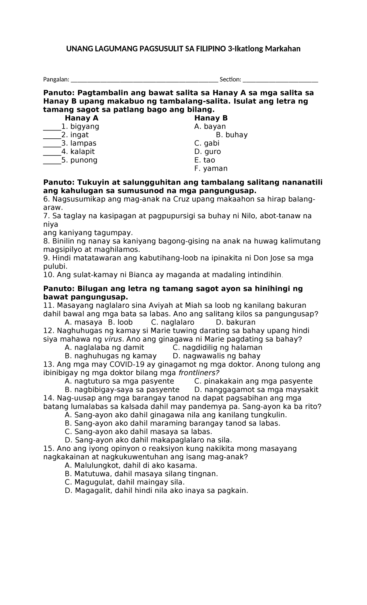 Unang Lagumang Pagsusulit SA Filipino 3 ikatlong markahan - UNANG LAGUMANG PAGSUSULIT SA ...