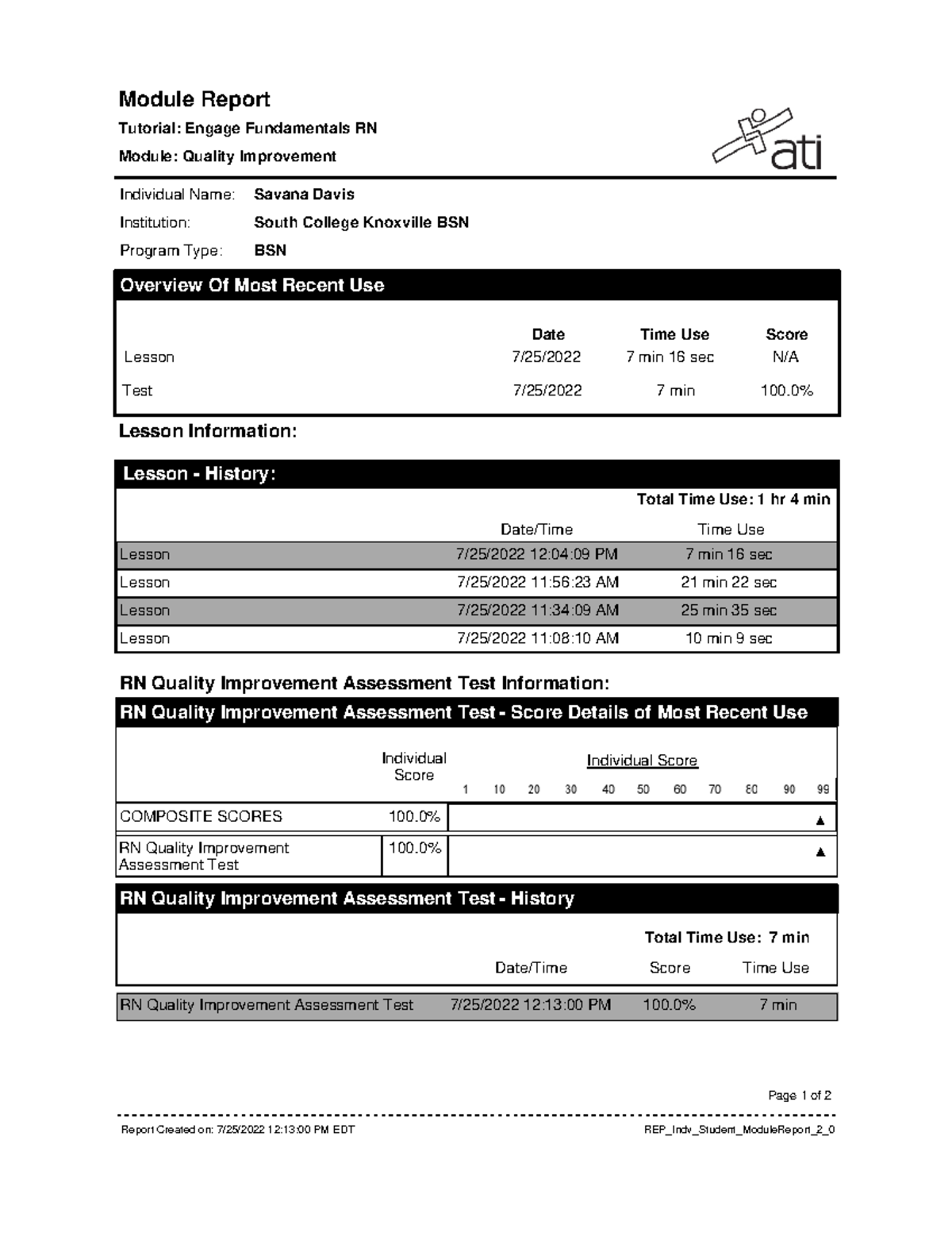 ATI Quality Improvement - Date/Time Time Use Total Time Use: 1 hr 4 min ...