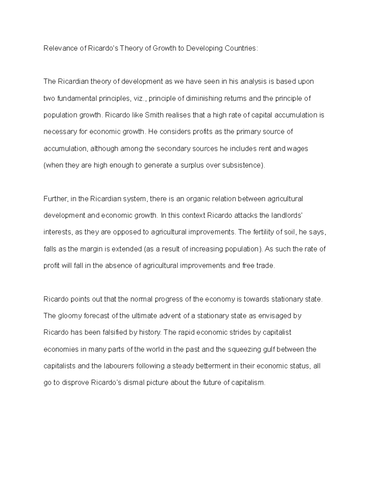 Ricardo’s theory of growth - Relevance of Ricardo’s Theory of Growth to ...