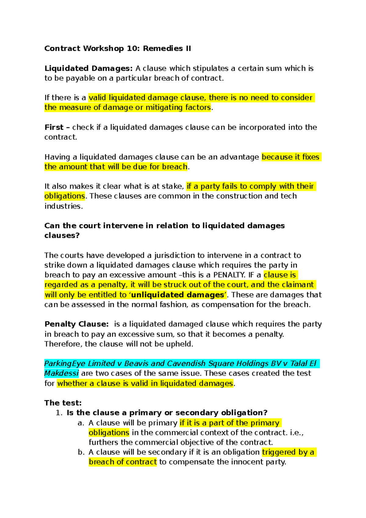 Contract Workshop 10 Remedies II - If there is a valid liquidated damage clause, there is no ...