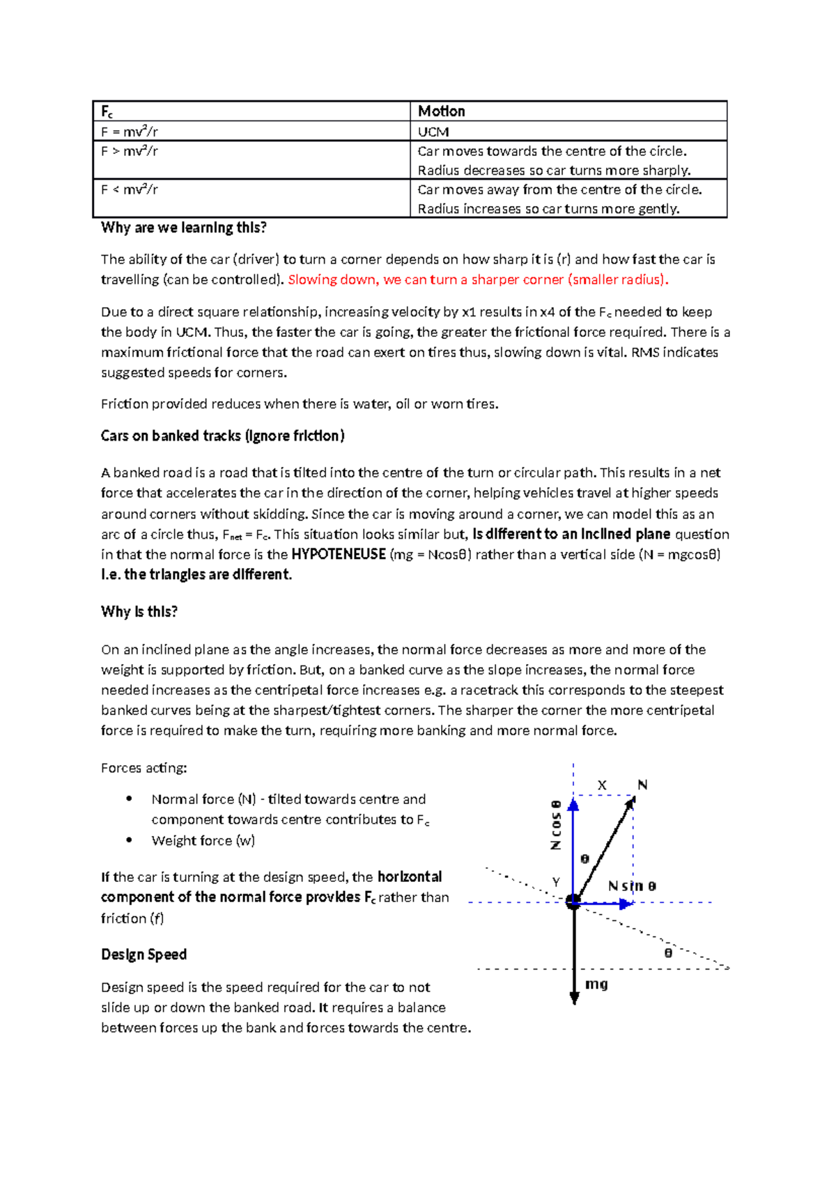Physics notes-6 - Fc Motion F = mv 2 /r UCM F > mv 2 /r Car moves ...