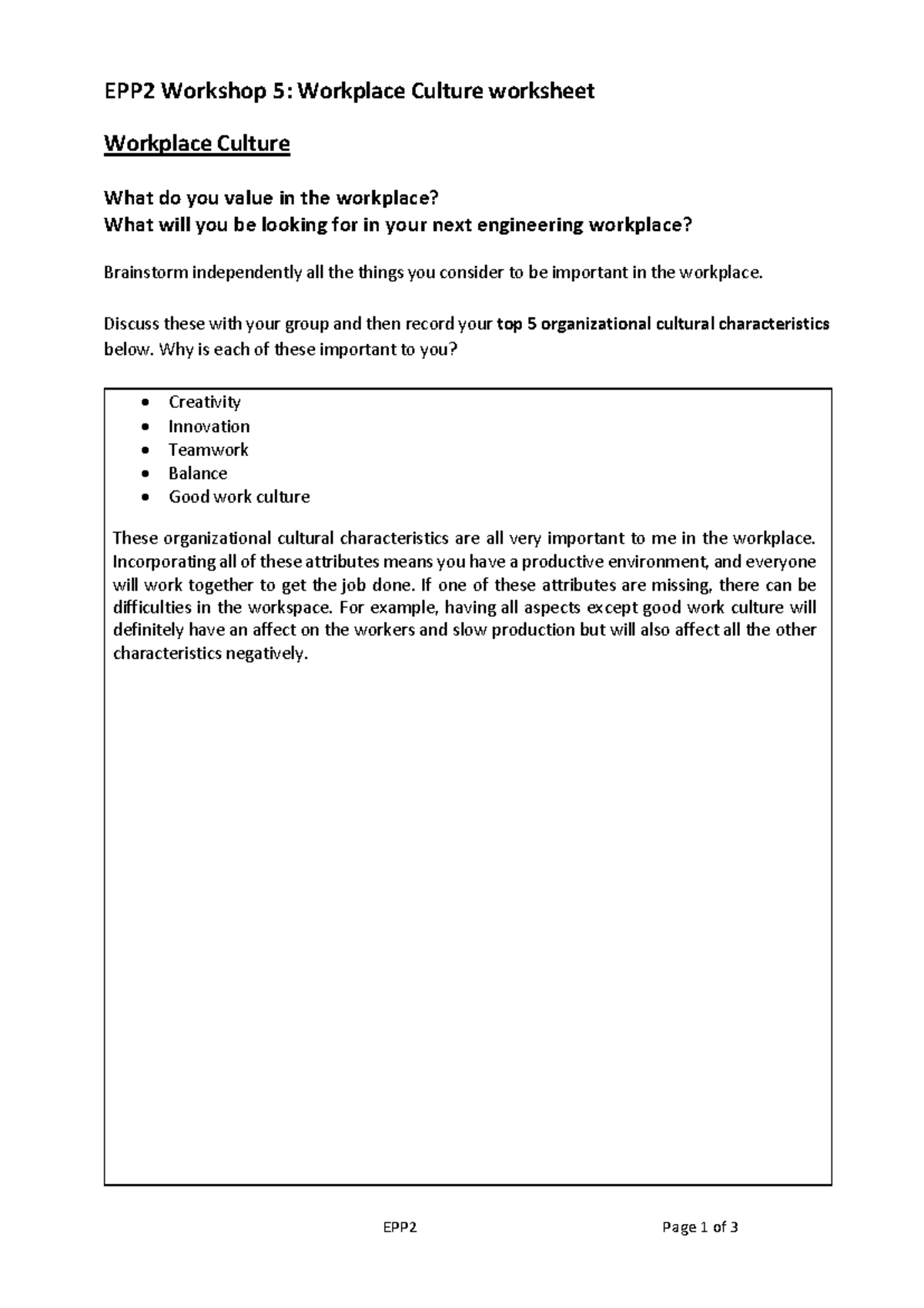 EPP2 Workshop 5 Worksheet - EPP2 Page 1 of 3 EPP2 Workshop 5: Workplace ...