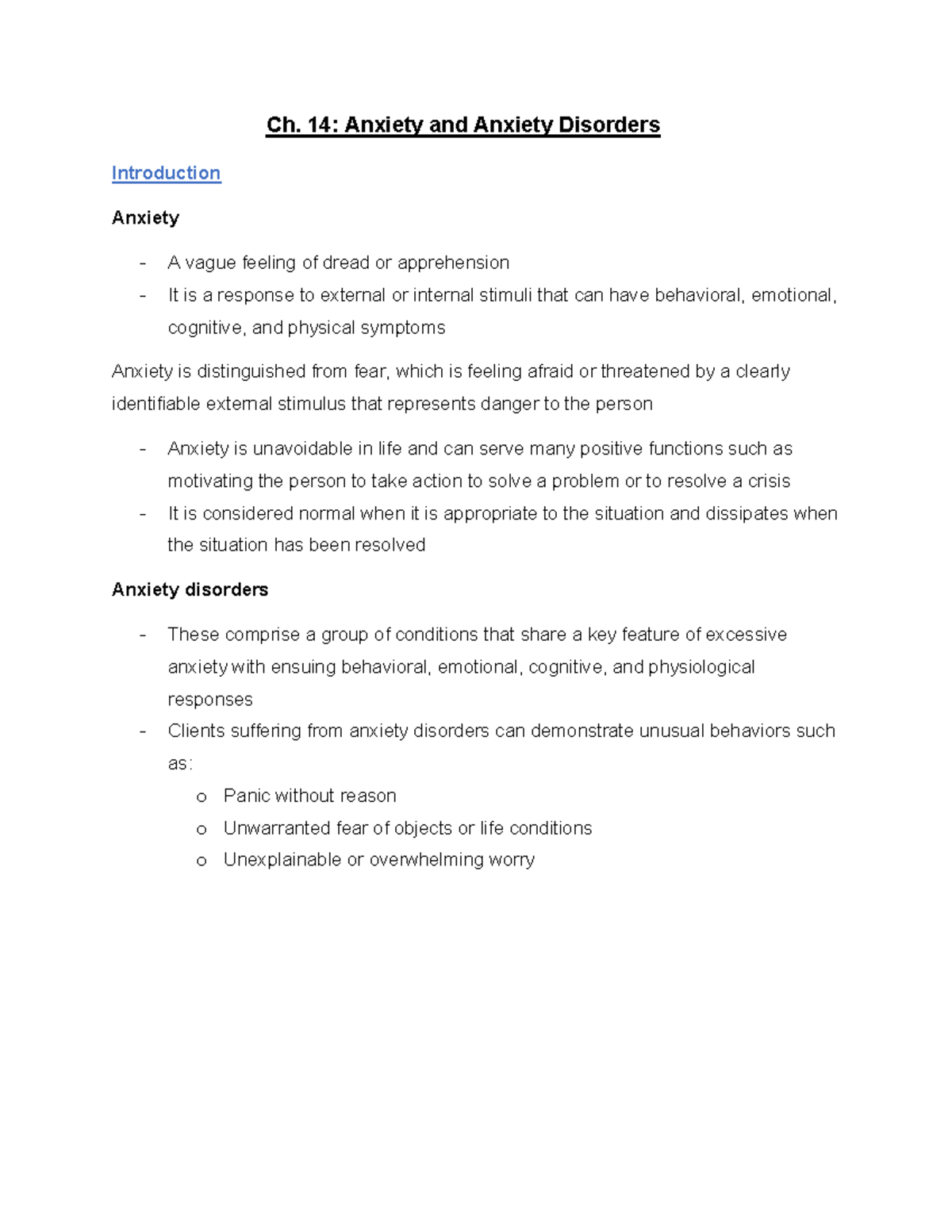 Psych PDF Mod 6 notes anxiety - Ch. 14: Anxiety and Anxiety Disorders ...