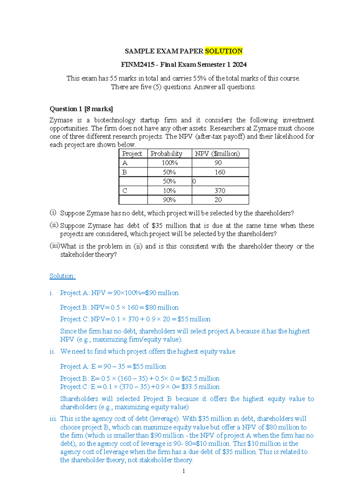 Sample final exam FINM2415 S1 2024 Solution - ####### SAMPLE EXAM PAPER SOLUTION FINM2415 ...