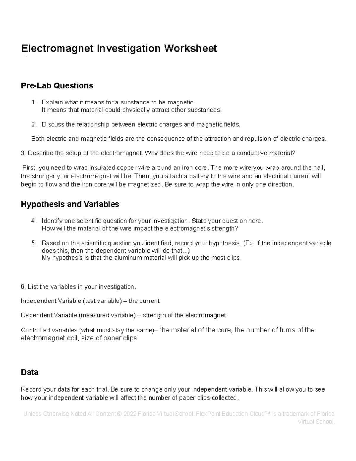 2.6 electric lab - Electromagnet Investigation Worksheet Pre-Lab ...
