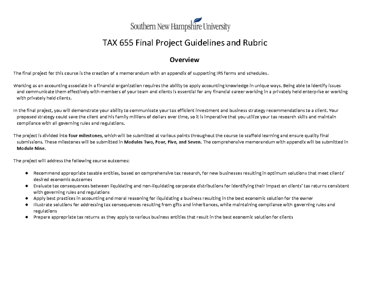 5 - TAX 655 Final Project Guidelines and Rubric - TAX 655 Final Project ...